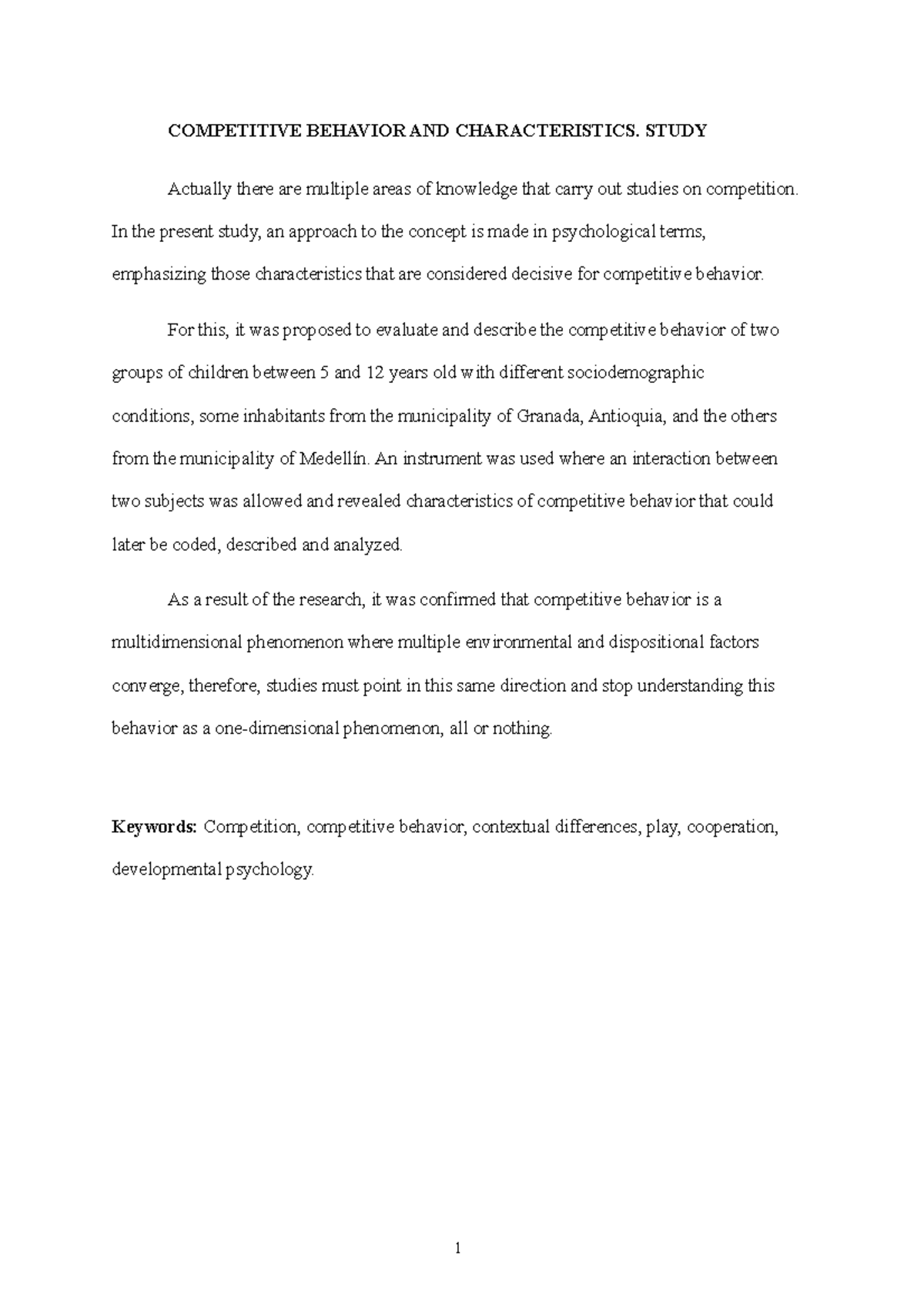 Competitive Behavior AND Characteristics. Study - 1 COMPETITIVE ...