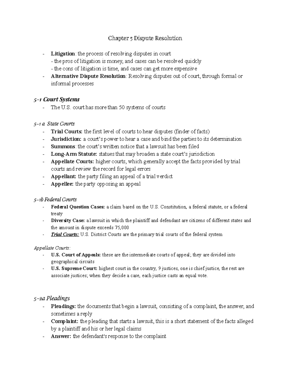 Chapter 5 Dispute Resolution - Chapter 5 Dispute Resolution Litigation ...