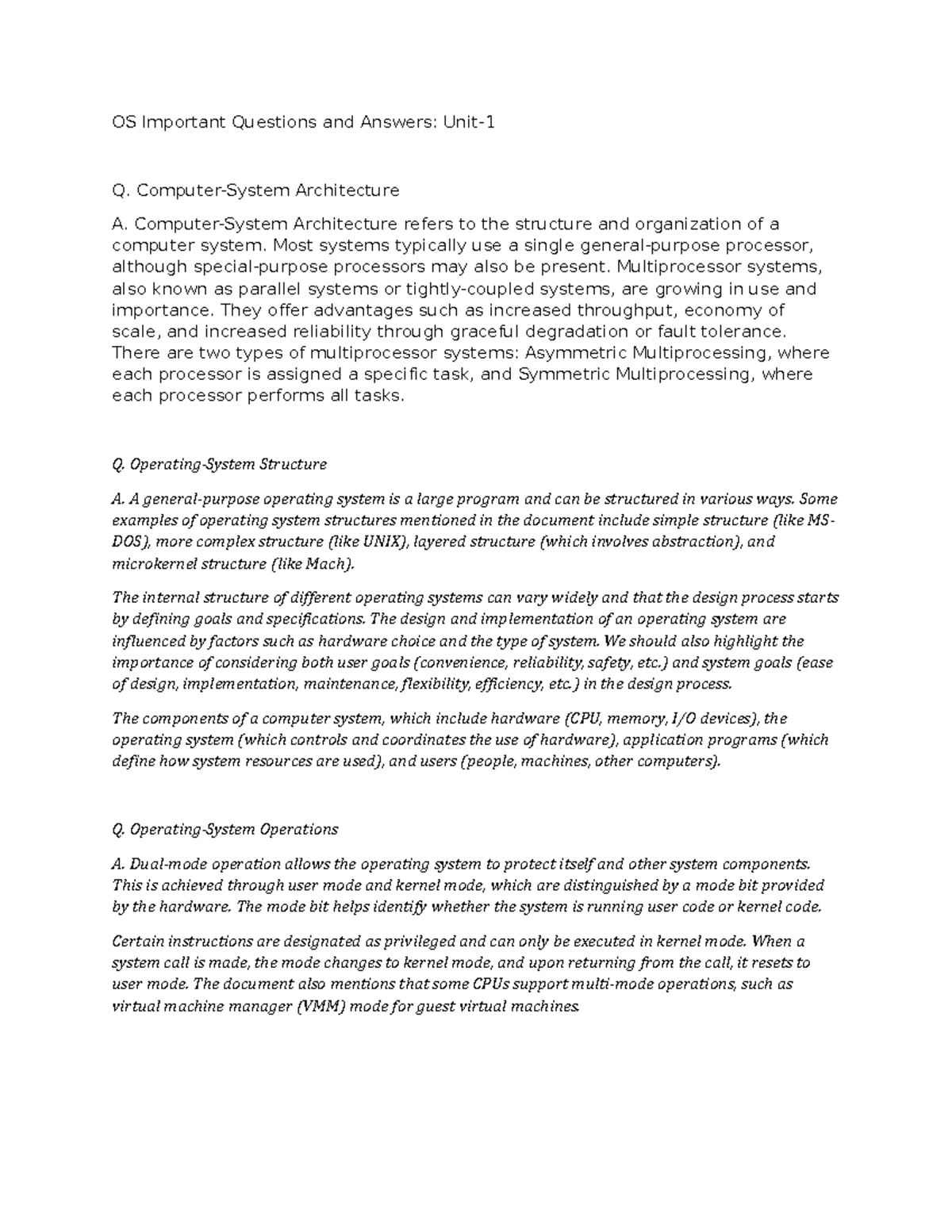 OS Imp-Unit-1 - ccc - OS Important Questions and Answers: Unit- Q ...