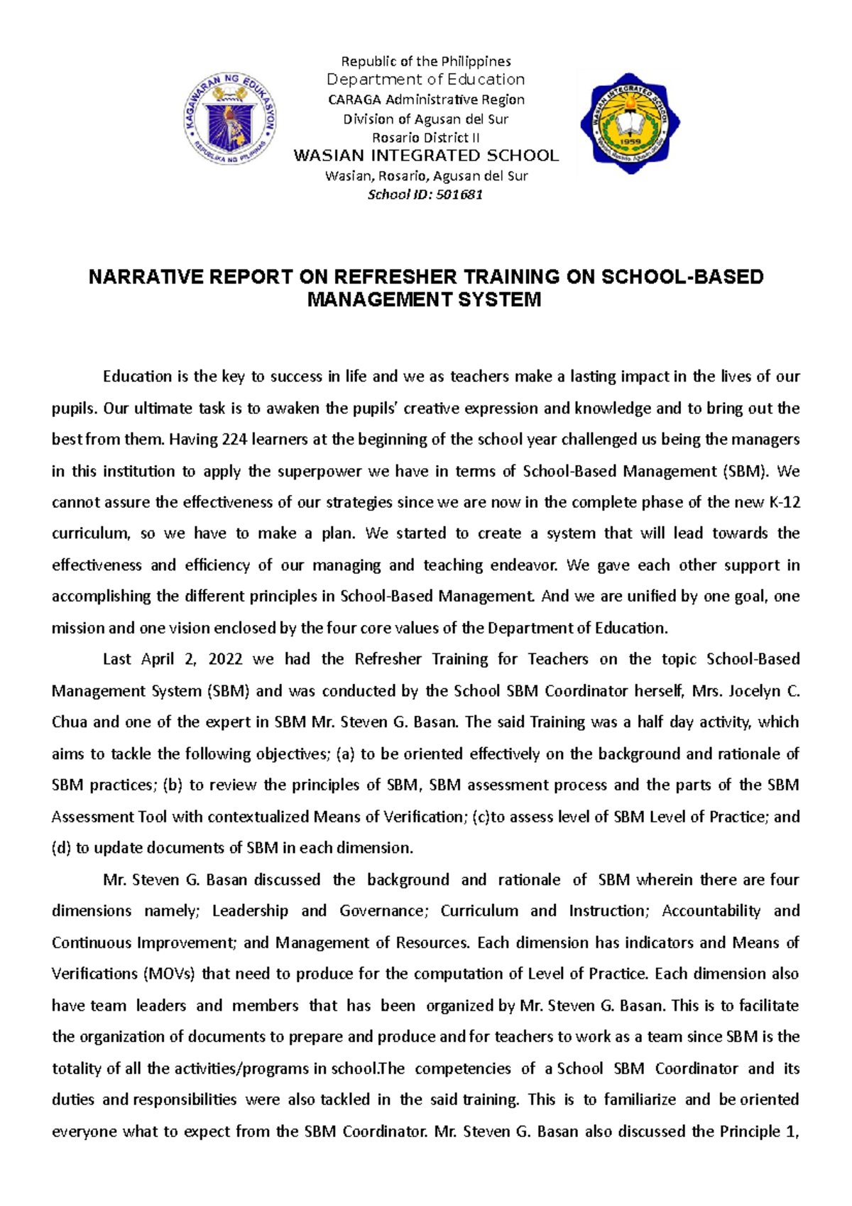 SBM- Narrative- Report - Republic of the Philippines Department of ...