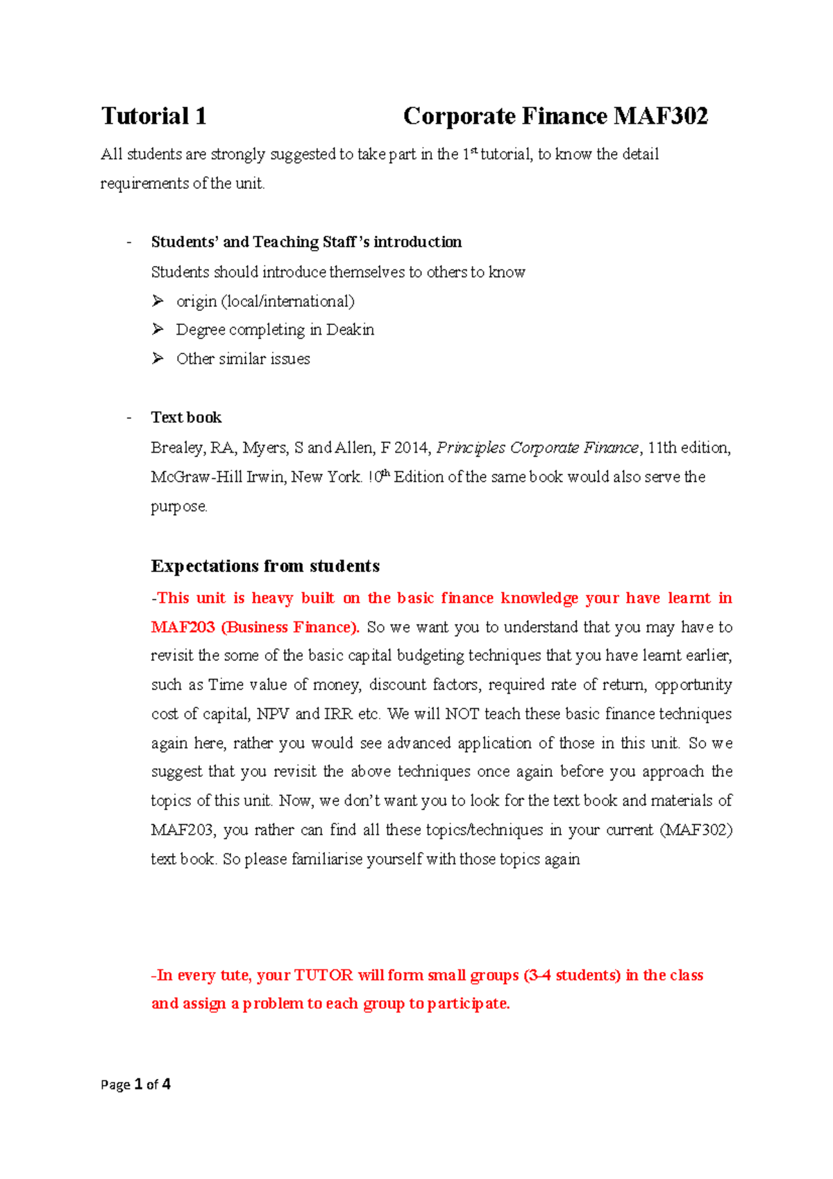 Tutorial 1 Questions MAF302 - Tutorial 1 Corporate Finance MAF302 All ...