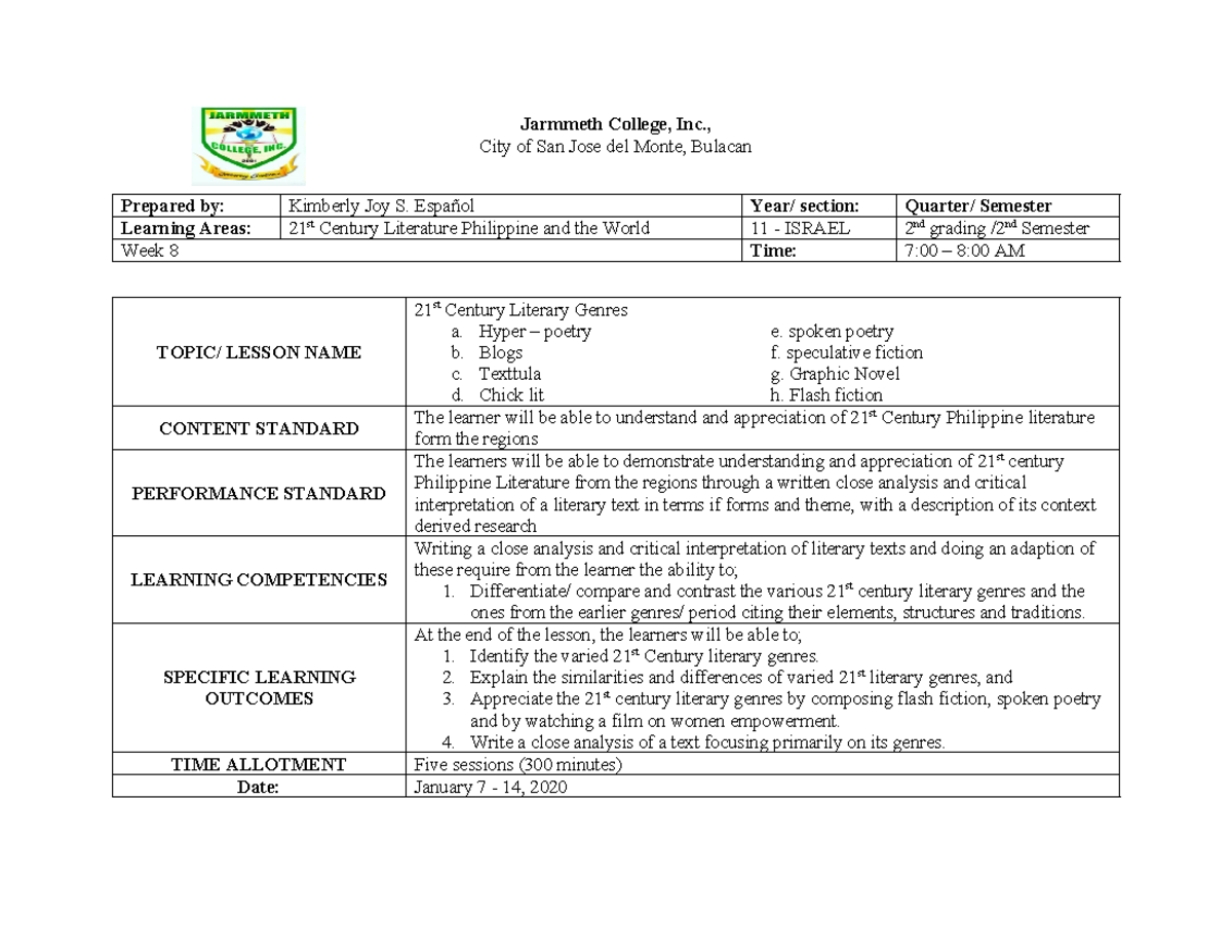 Lesson Plan in 21st Century Literature P - Jarmmeth College, Inc., City ...