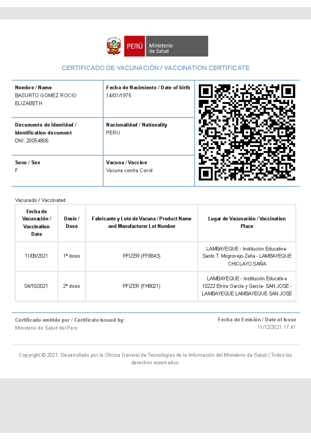Minsa - Carnet Vacunación - Certificado emitido por / Certificate ...