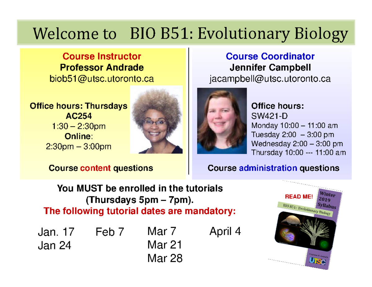 Lec1-Evo intro 2019-post - Course Instructor Professor Andrade biob51@utsc.utoronto Course - Studocu