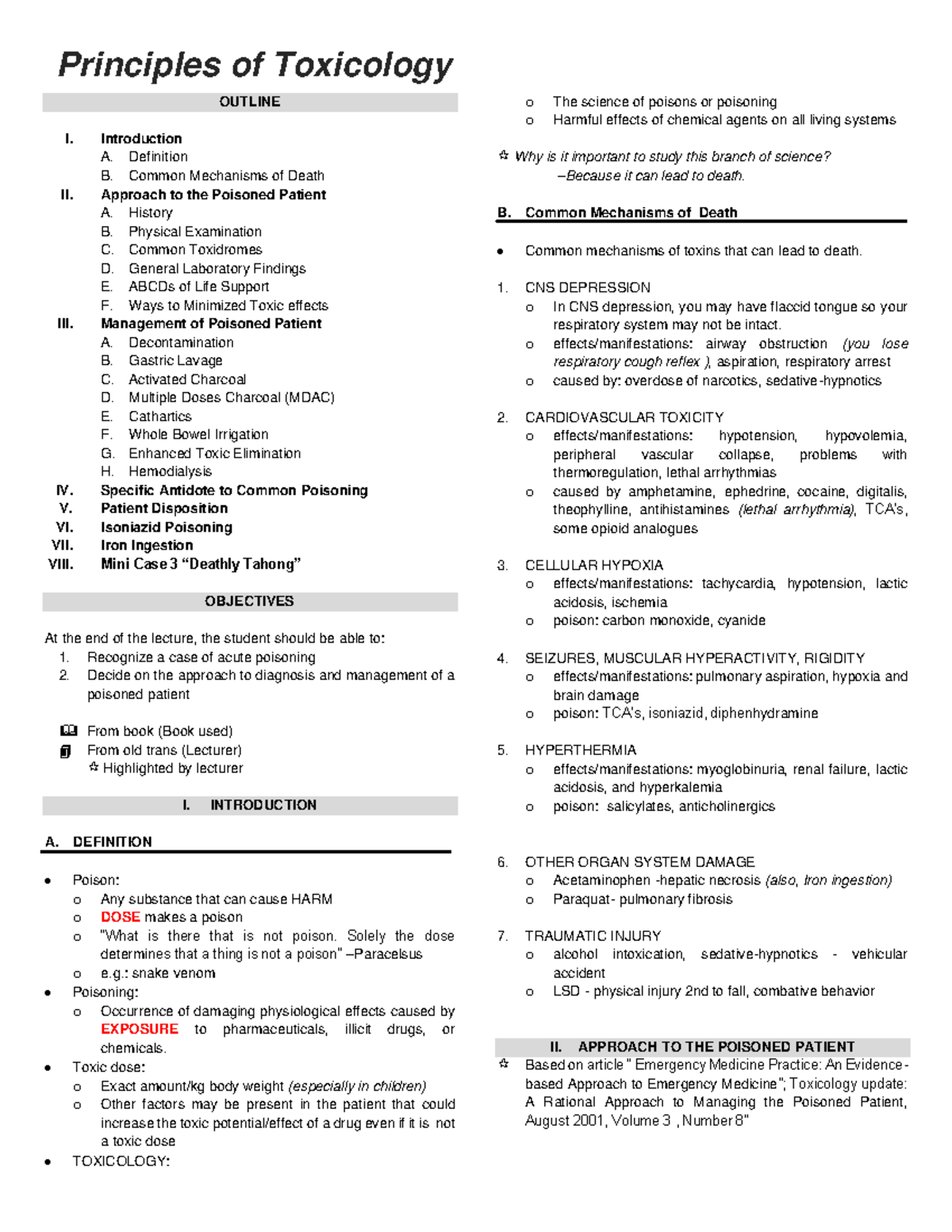 Principles of Toxicology - OUTLINE I. Introduction A. Definition B ...