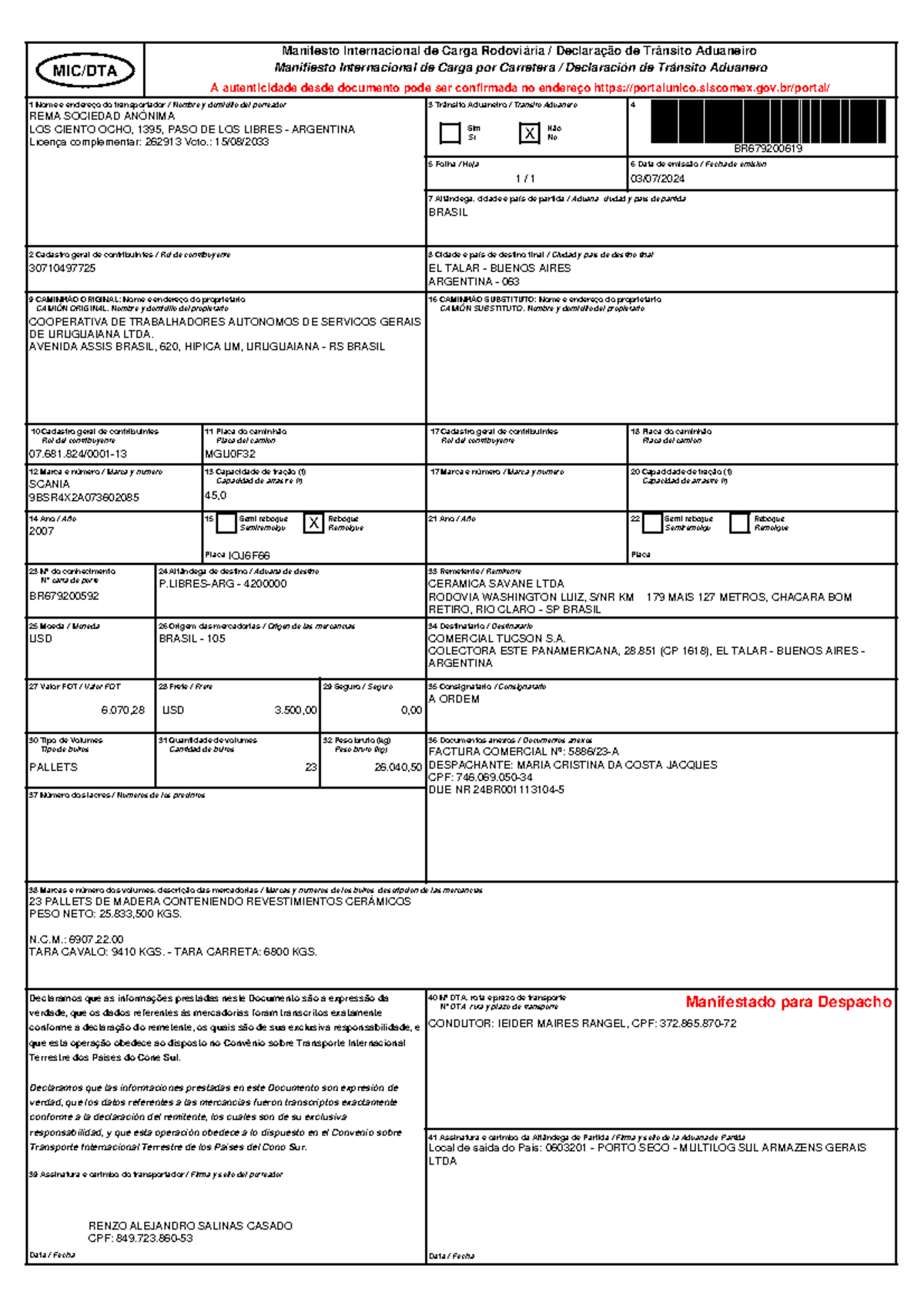 Manifiesto Internacional De Carga - MIC/DTA Manifesto Internacional de Carga Rodoviária ...