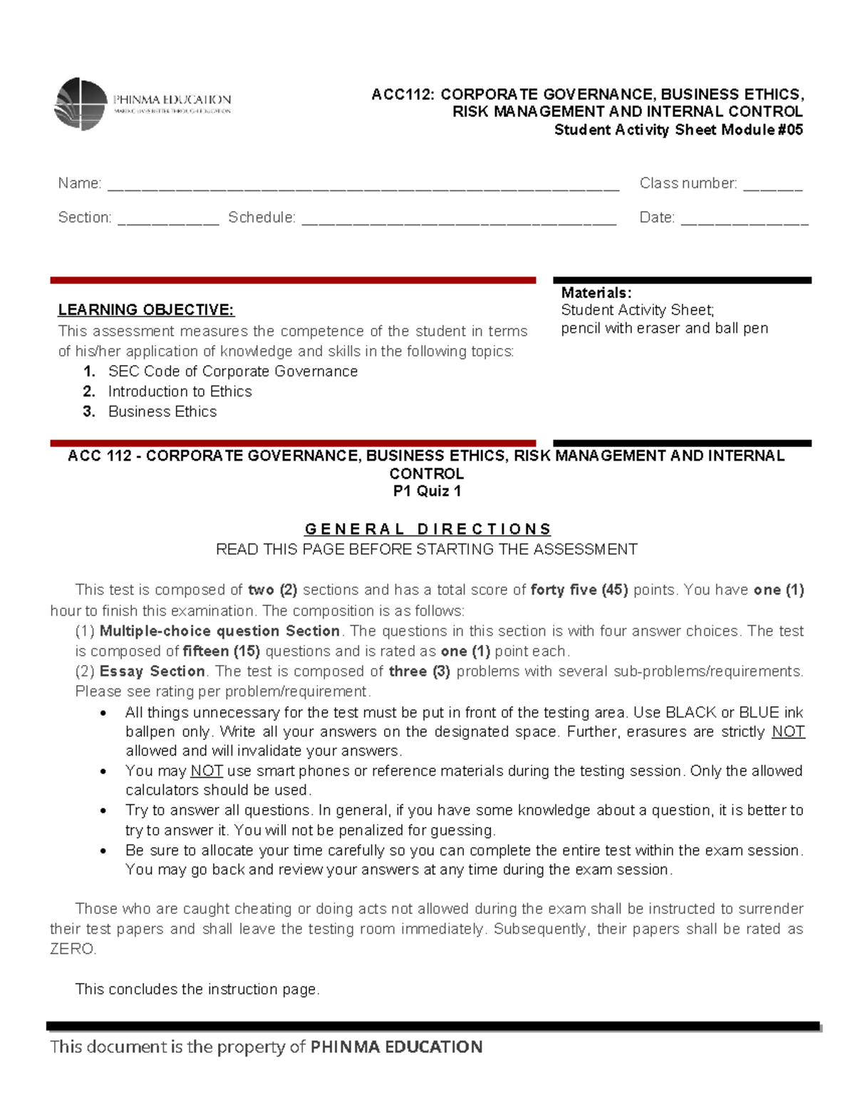 QUIZ 1 - Financial Management for BSA student ( SVC ) SAINT VINCENT ...