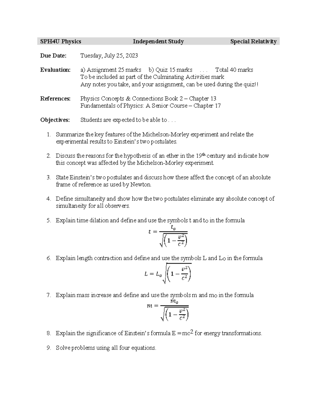 Special Relativity ISU 2023 - SPH4U Physics Independent Study Special ...