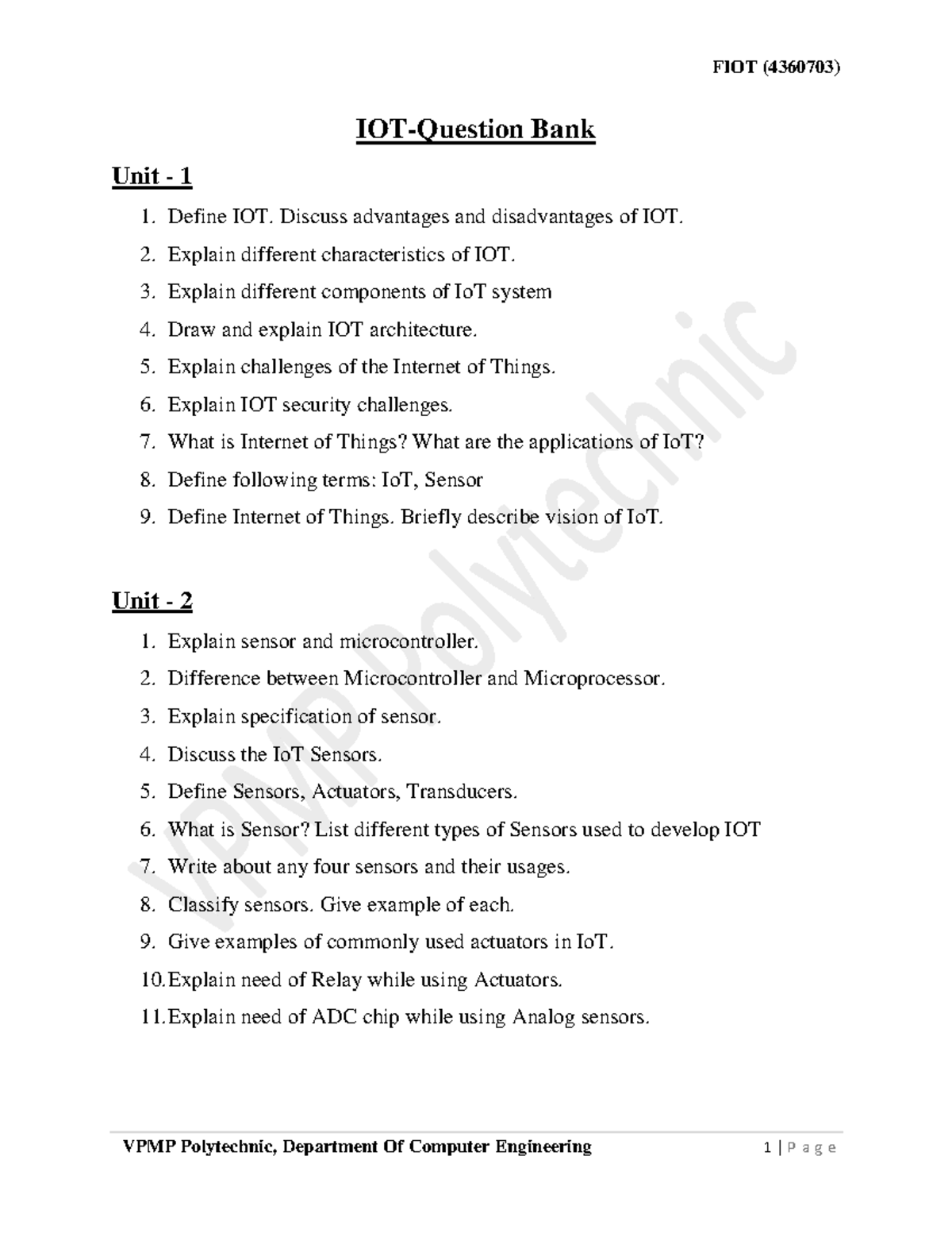 Most Important topics fo IoT Internet Of Things - FIOT (4360703) VPMP Polytechnic, Department Of ...