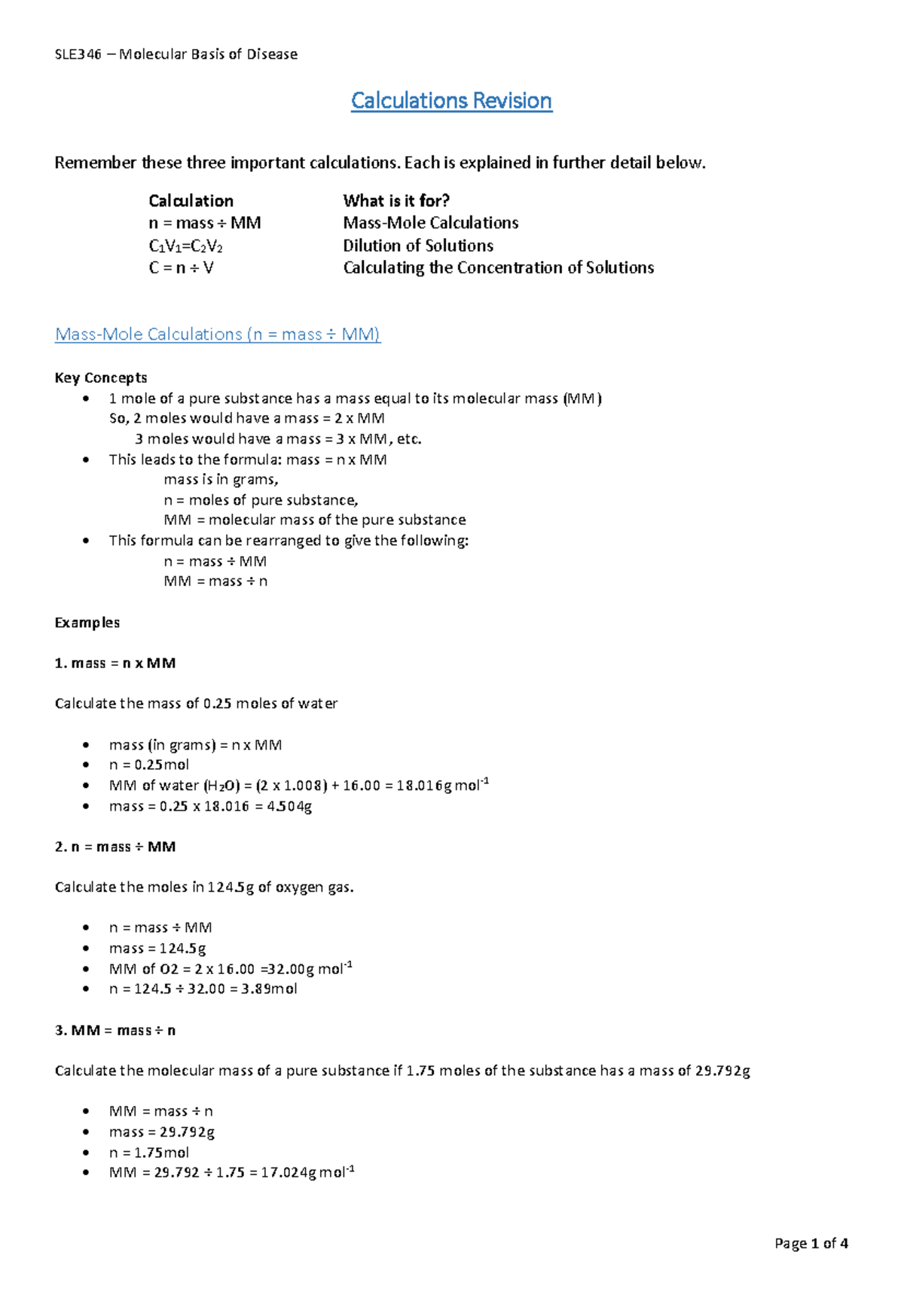 Calculations Revision Guideline 2019 - Calculations Revision Remember ...