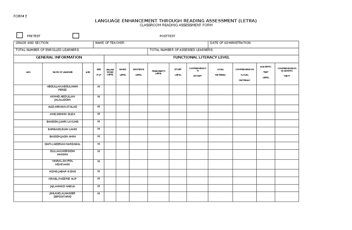 FORM-2 Classroom- Reading- Assessment-FORM - LANGUAGE ENHANCEMENT ...