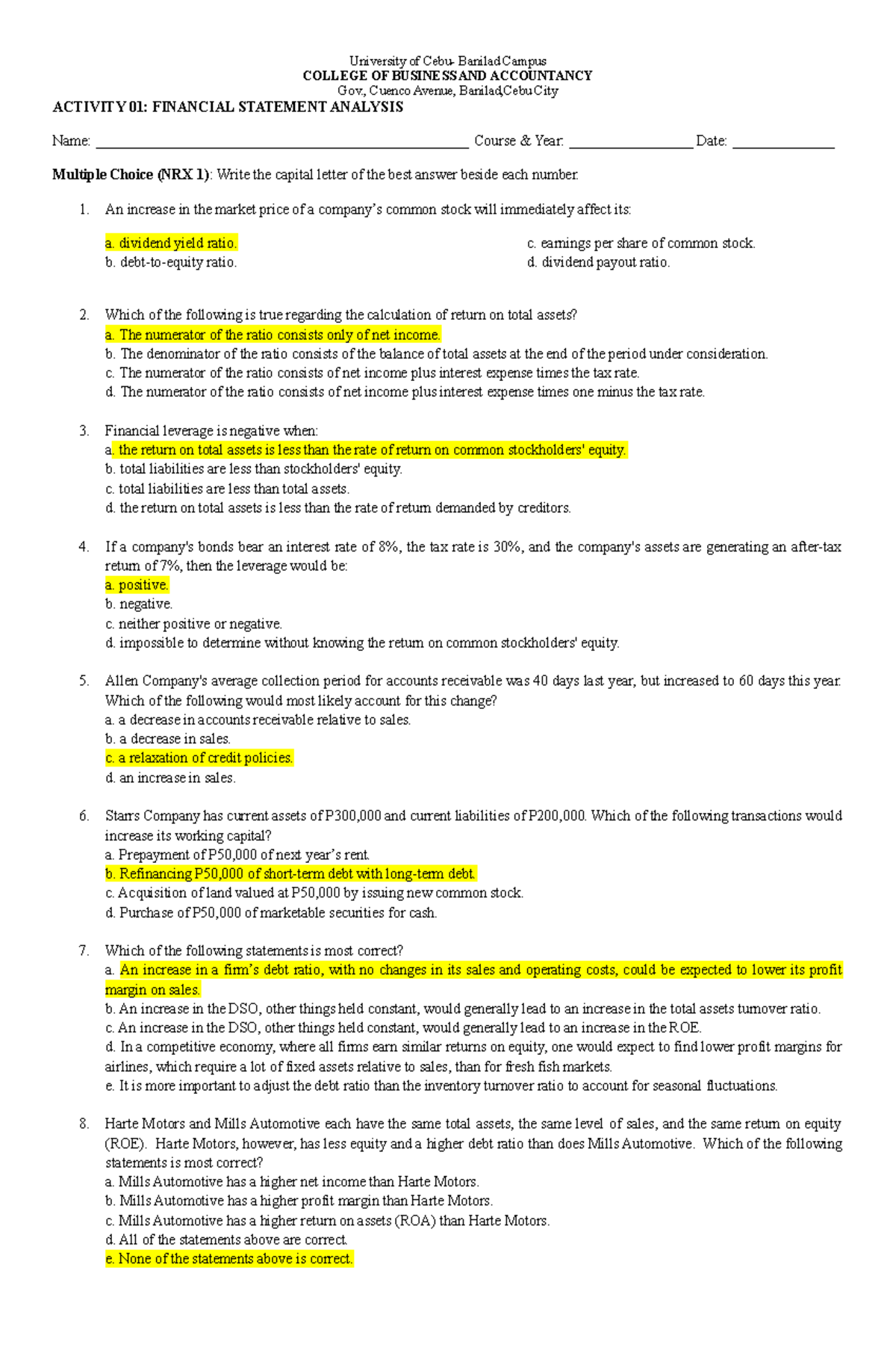 Activity 01 Financial Statement Analysis - COLLEGE OF BUSINESS AND ...