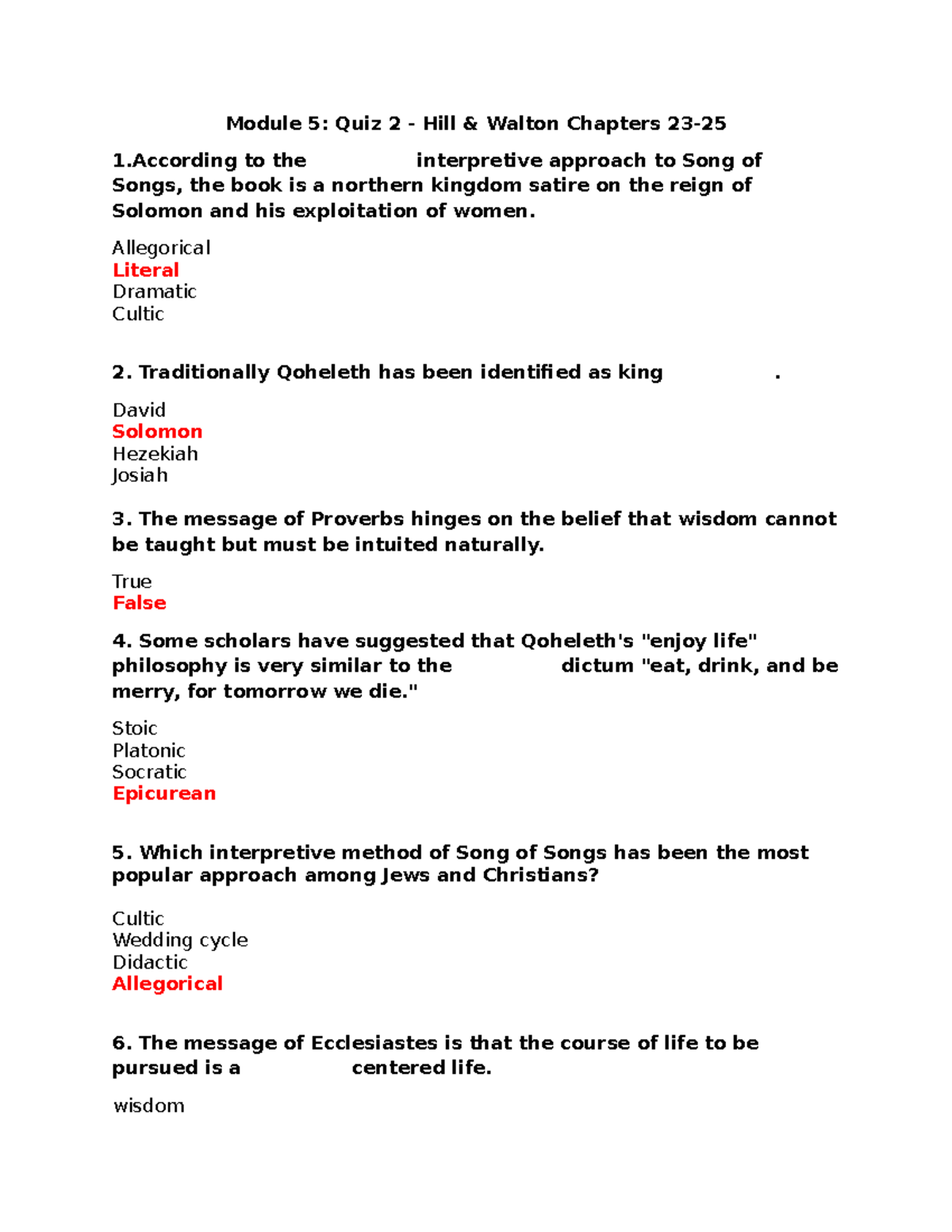 MOD 5 Quiz 2 - Quiz test - Module 5: Quiz 2 - Hill & Walton Chapters 23 ...