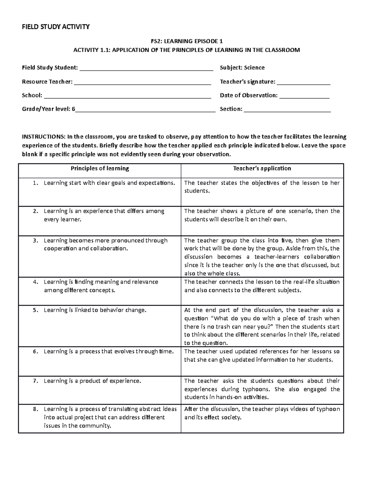 2 Field Study Activities 1 - FIELD STUDY ACTIVITY FS2: LEARNING EPISODE ...