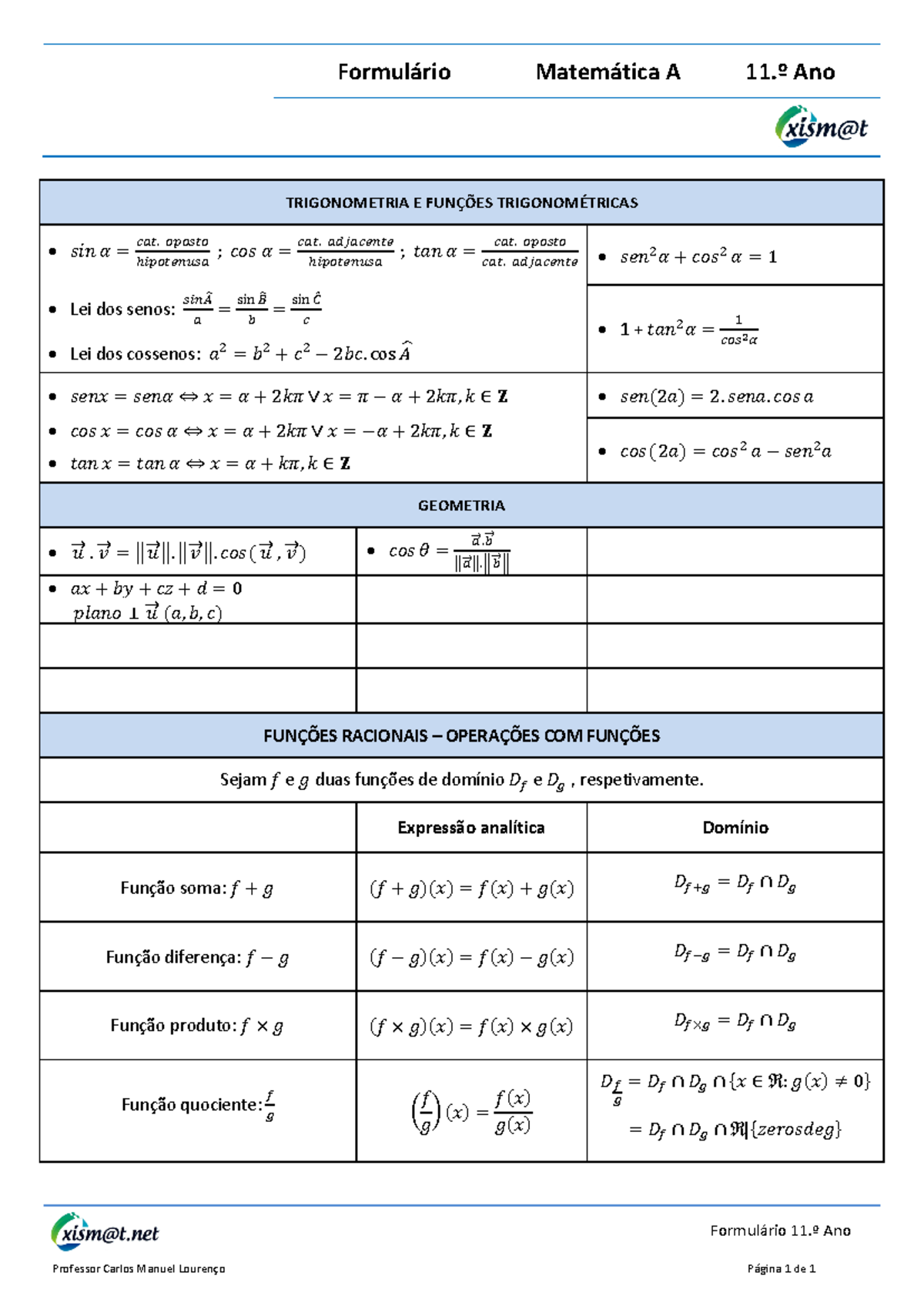 Formulario 11 Ano - Matematica - Formulário 11 .º Ano Professor Carlos ...