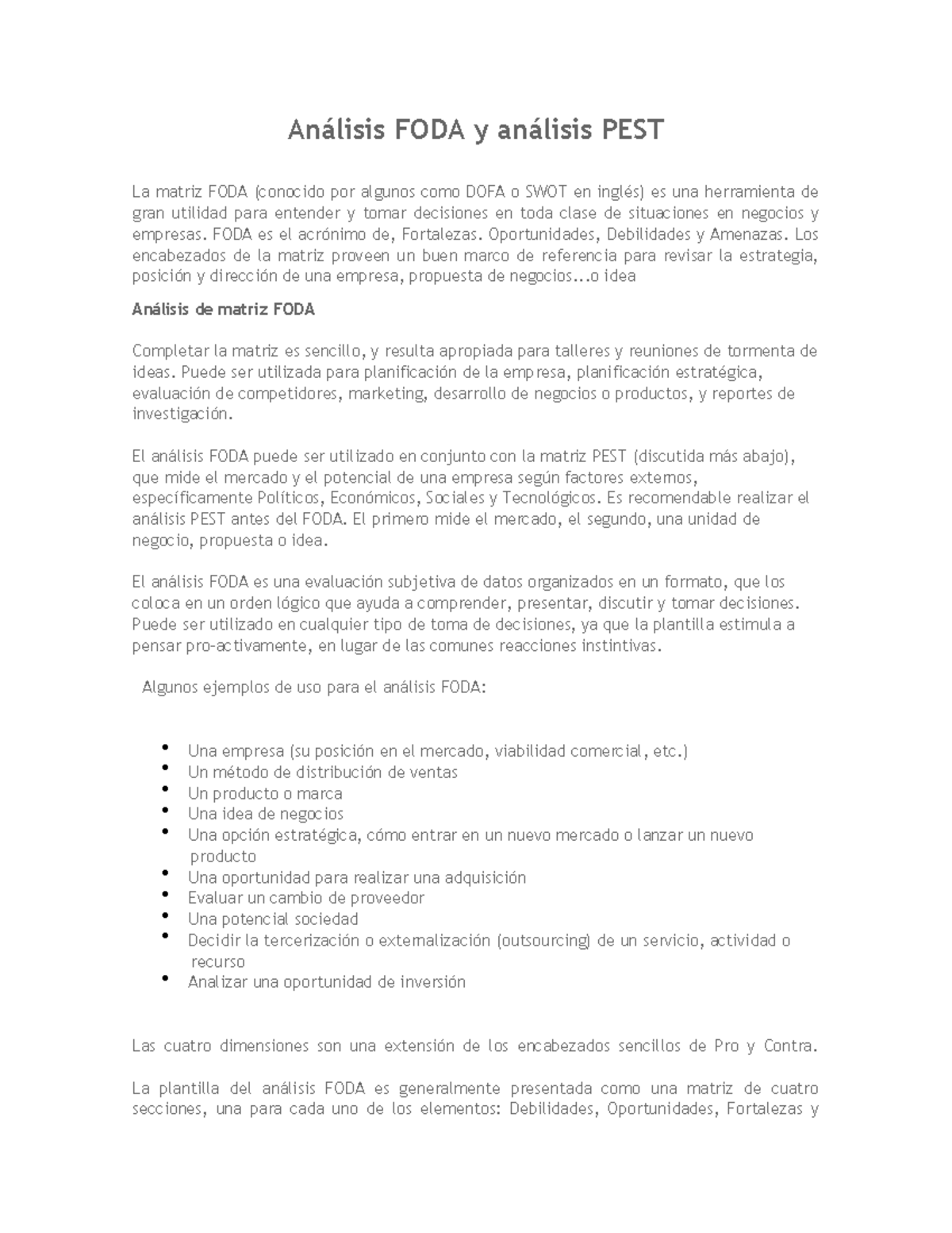 Análisis FODA Y PEST - Resumen del Análisis Foda - Análisis FODA y ...