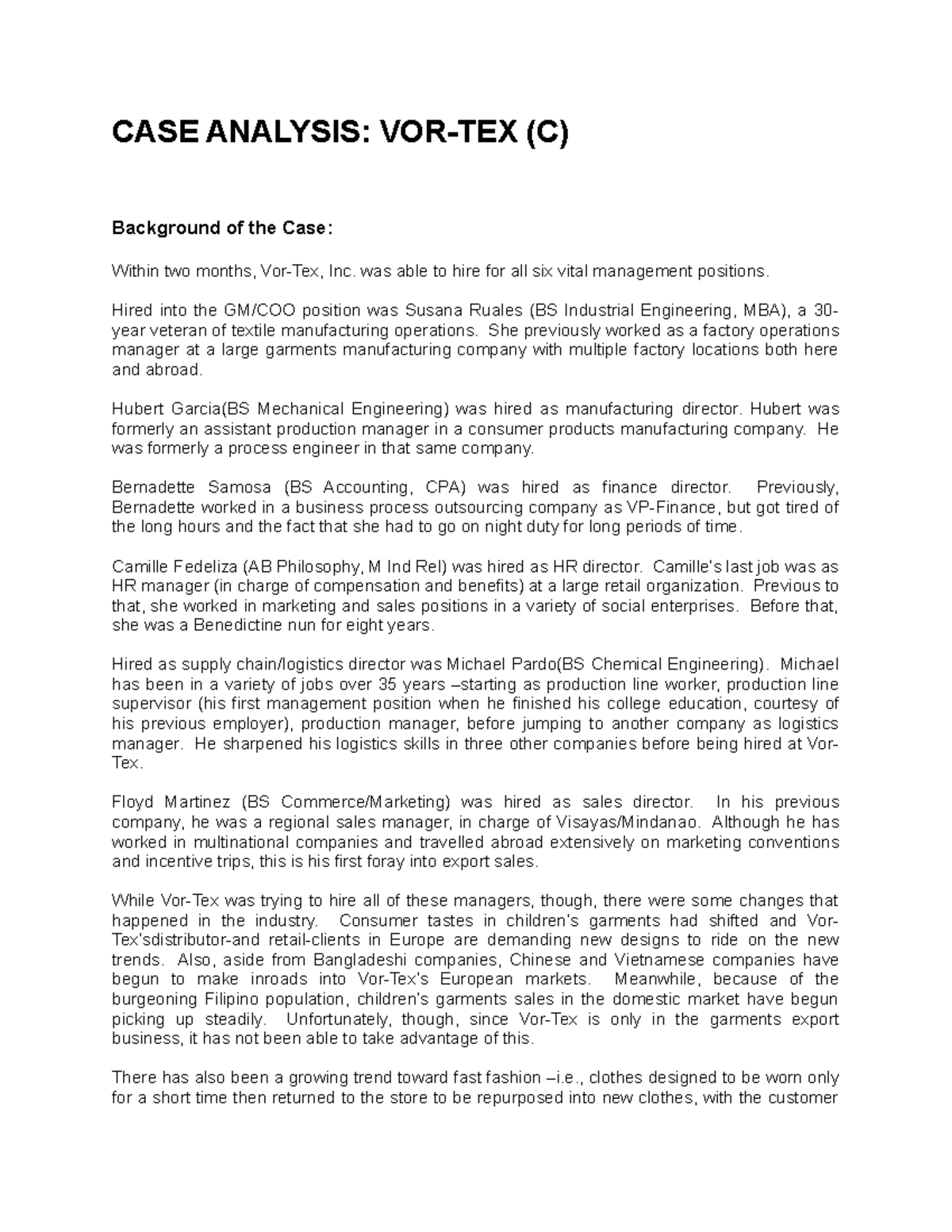 Vortex C Case Study - Human resources - Studocu