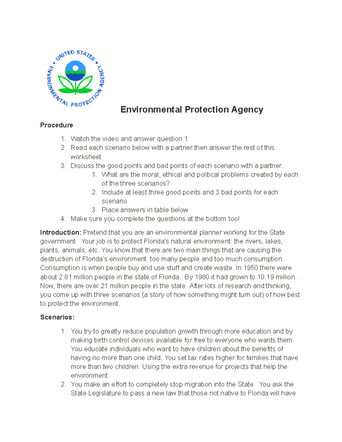Copy of Environmental Protection Agency scenarios - Environmental Protection Agency Procedure 1 ...