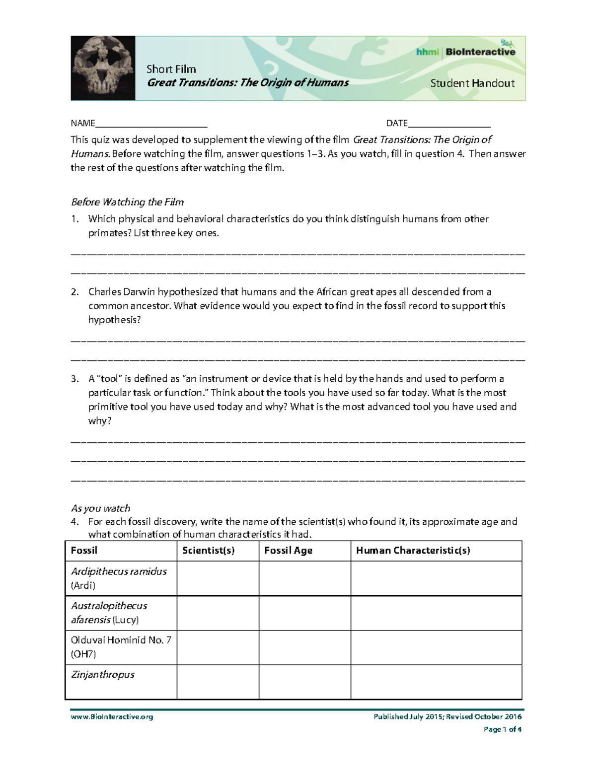 IDGQuiz Origin of Humans worksheet - BioInteractive Published July 2015 ...
