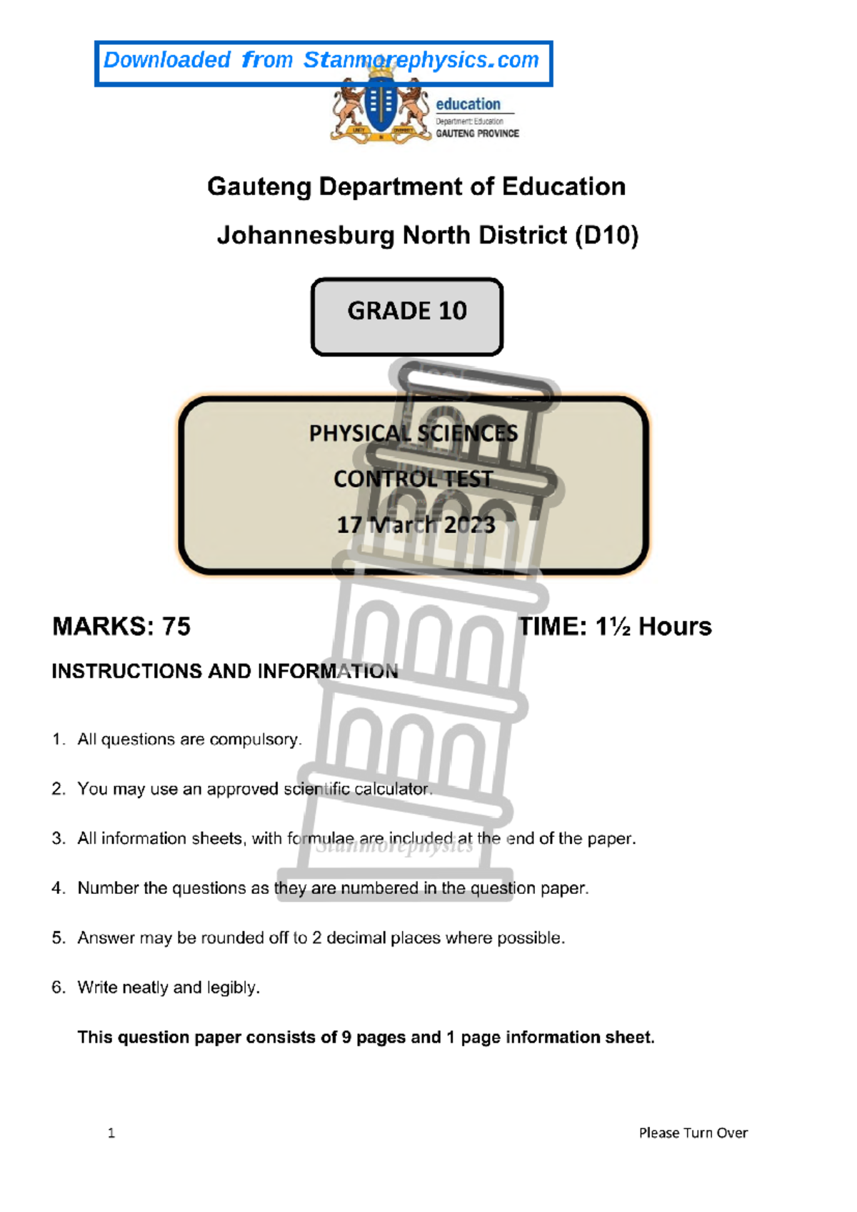 Grade 10 physical scienses past paper - Downloaded from Stanmorephysics ...