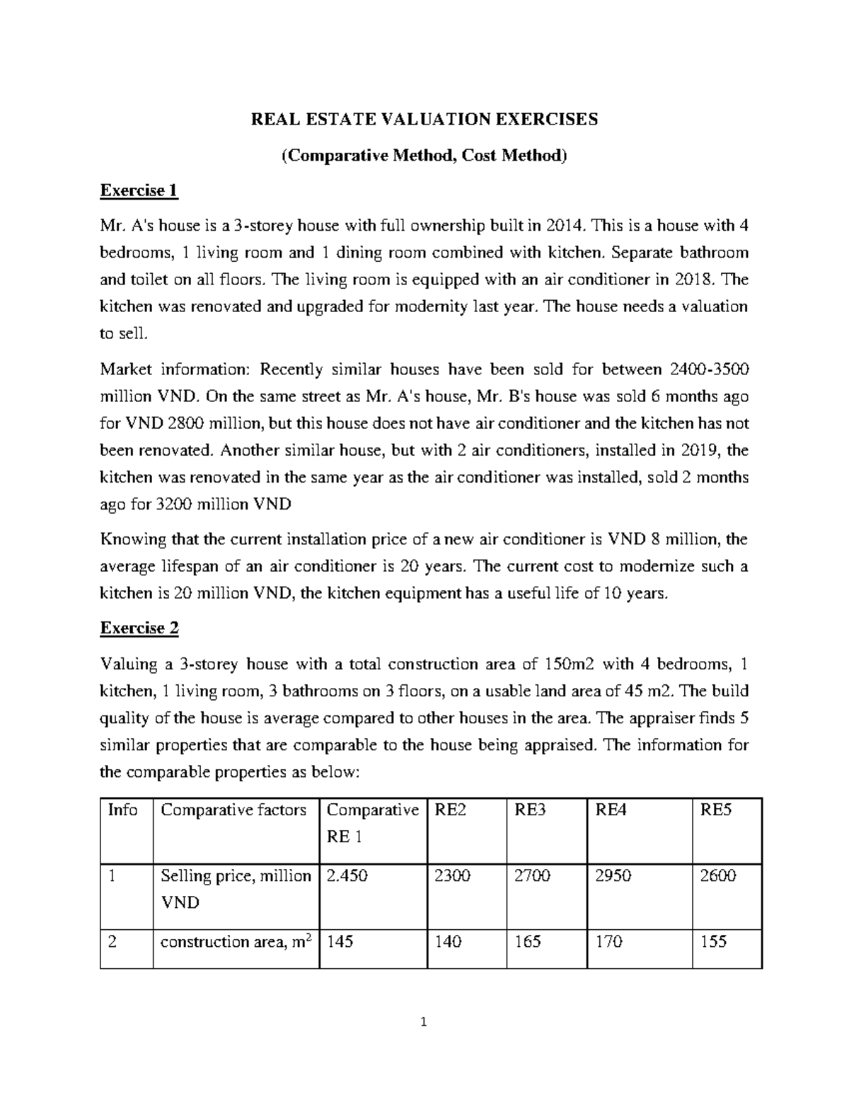 Exercises on comparative and cost method - REAL ESTATE VALUATION ...
