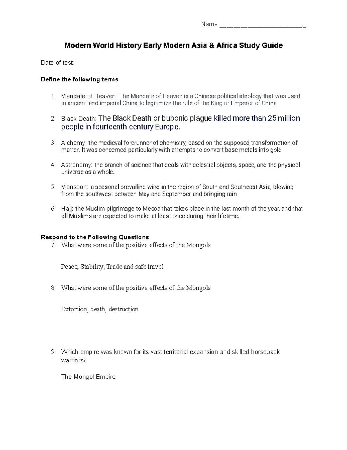 Study Guide Medival Asia & Africa - Name ...