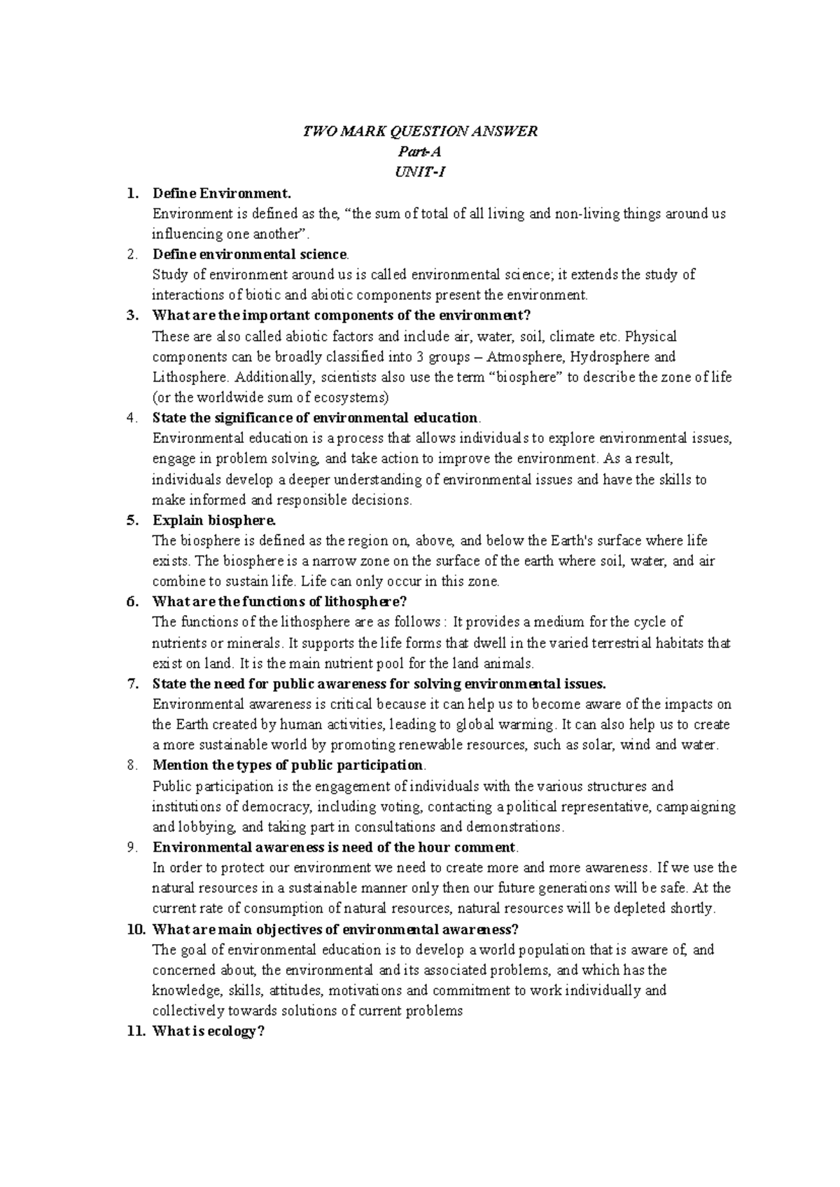 Two marks of mechanics of materials - TWO MARK QUESTION ANSWER Part-A UNIT-I Define Environment ...