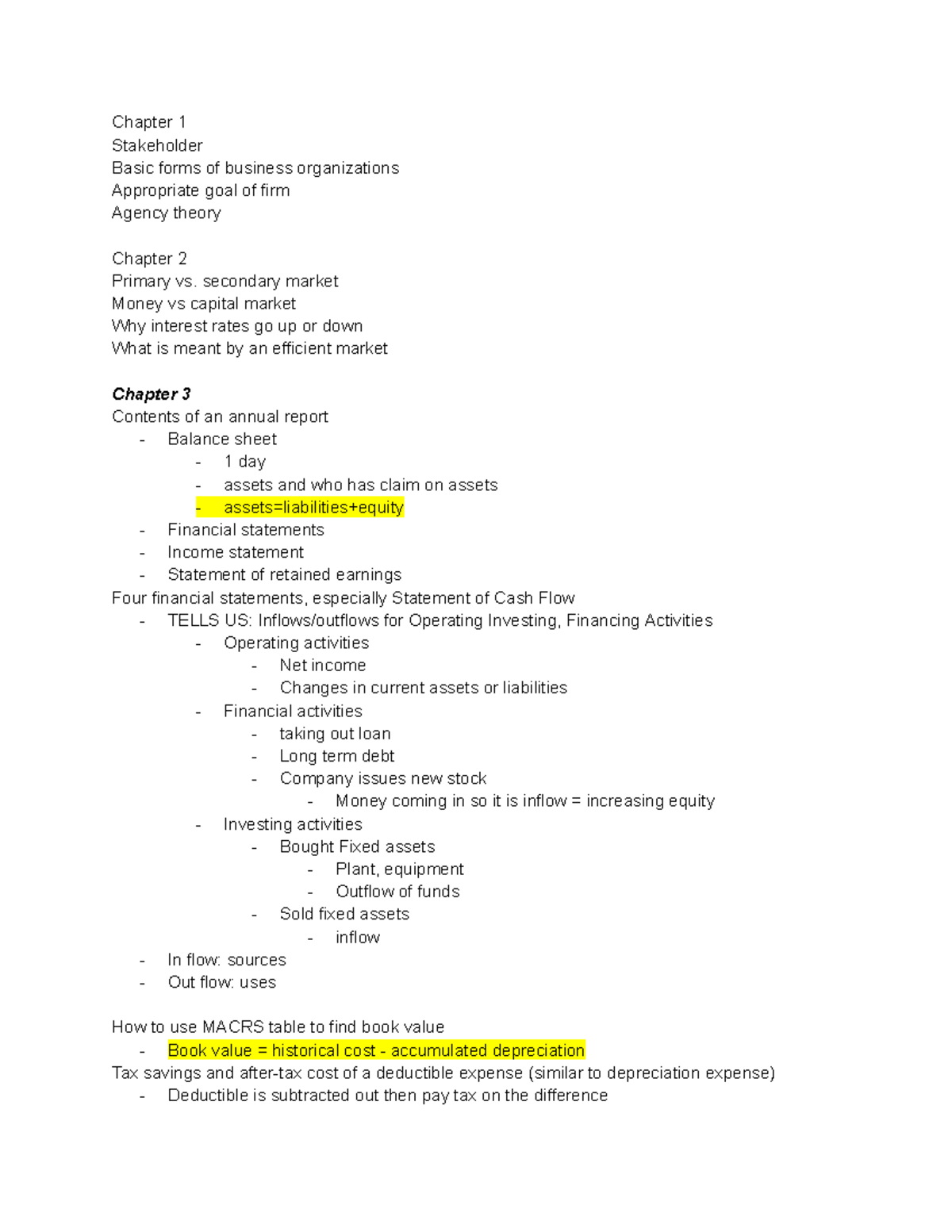Finance final key concepts - Chapter 1 Stakeholder Basic forms of business organizations ...