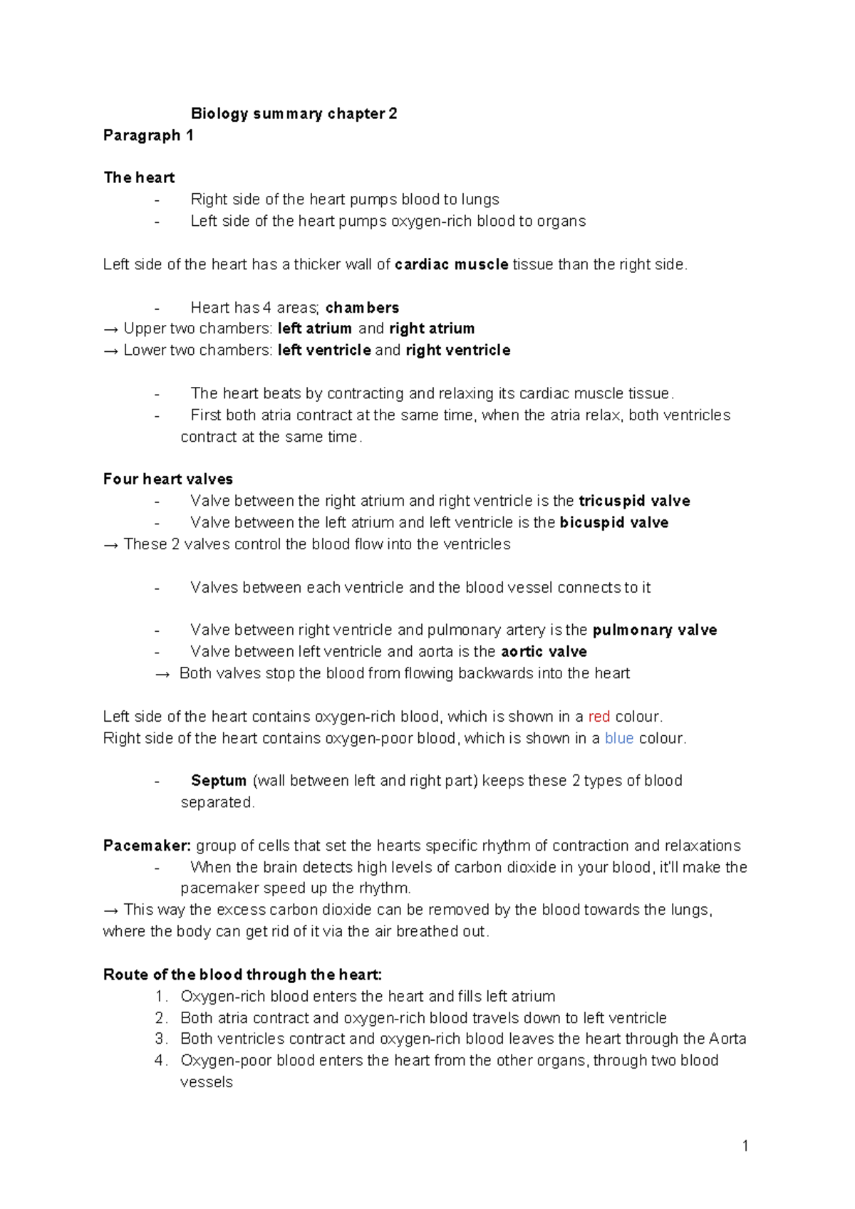 Bio Samenvatting H2 - Biology summary chapter 2 Paragraph 1 The heart ...
