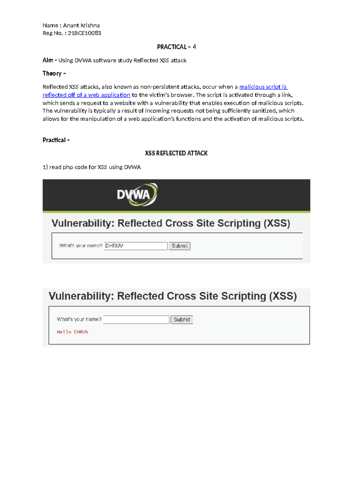Prac4 BY -21BCE10083 - Reg No. : 21BCE PRACTICAL – 4 Aim - Using DVWA software study Reflected ...