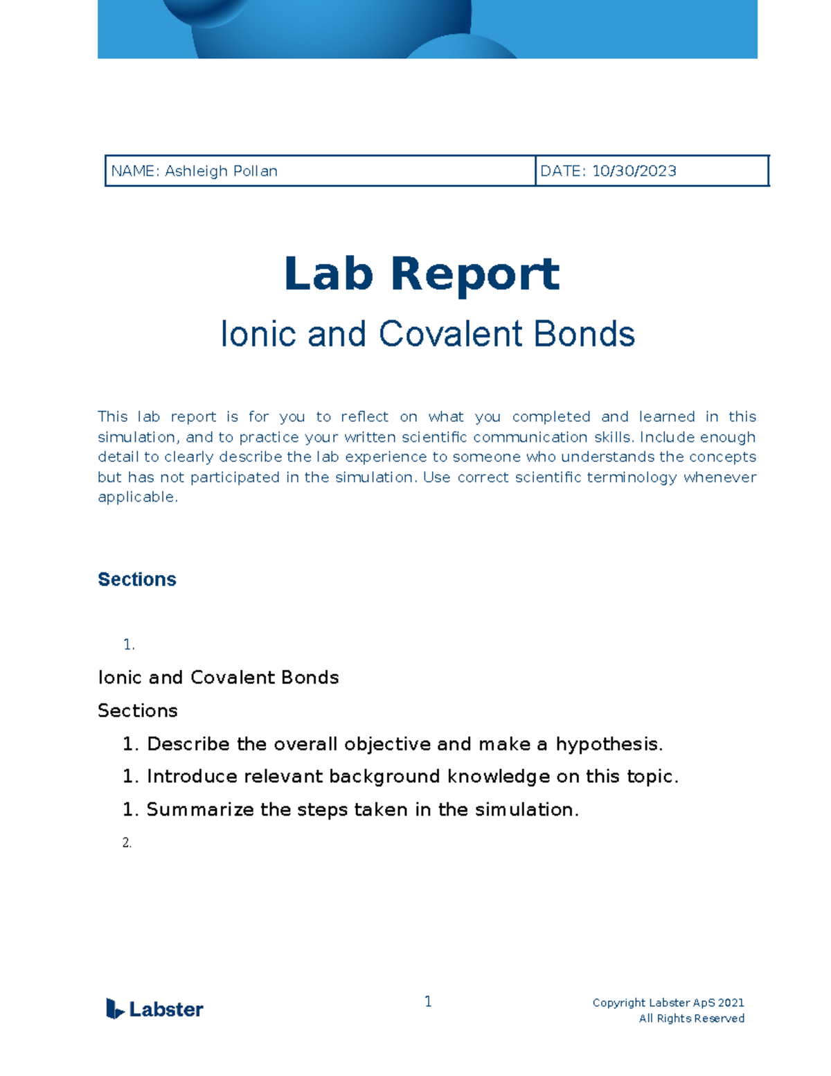 Lab Report Ionic and Covalent Bonds (21) - NAME: Ashleigh Pollan DATE ...