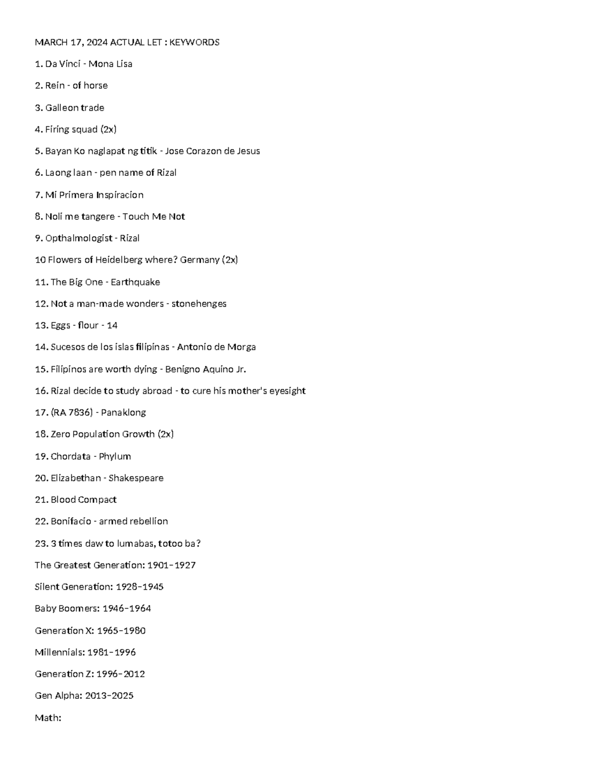 March exam - For Sept basis - MARCH 17, 2024 ACTUAL LET : KEYWORDS Da Vinci - Mona Lisa Rein ...