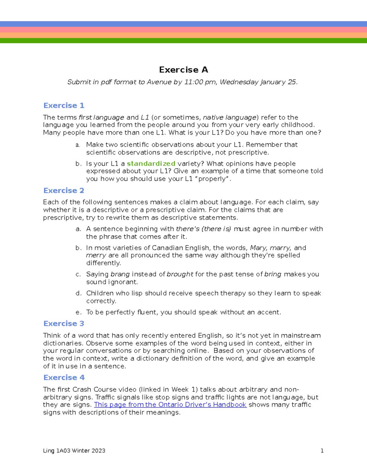 Exercise A - Exercise A Submit in pdf format to Avenue by 11:00 pm ...