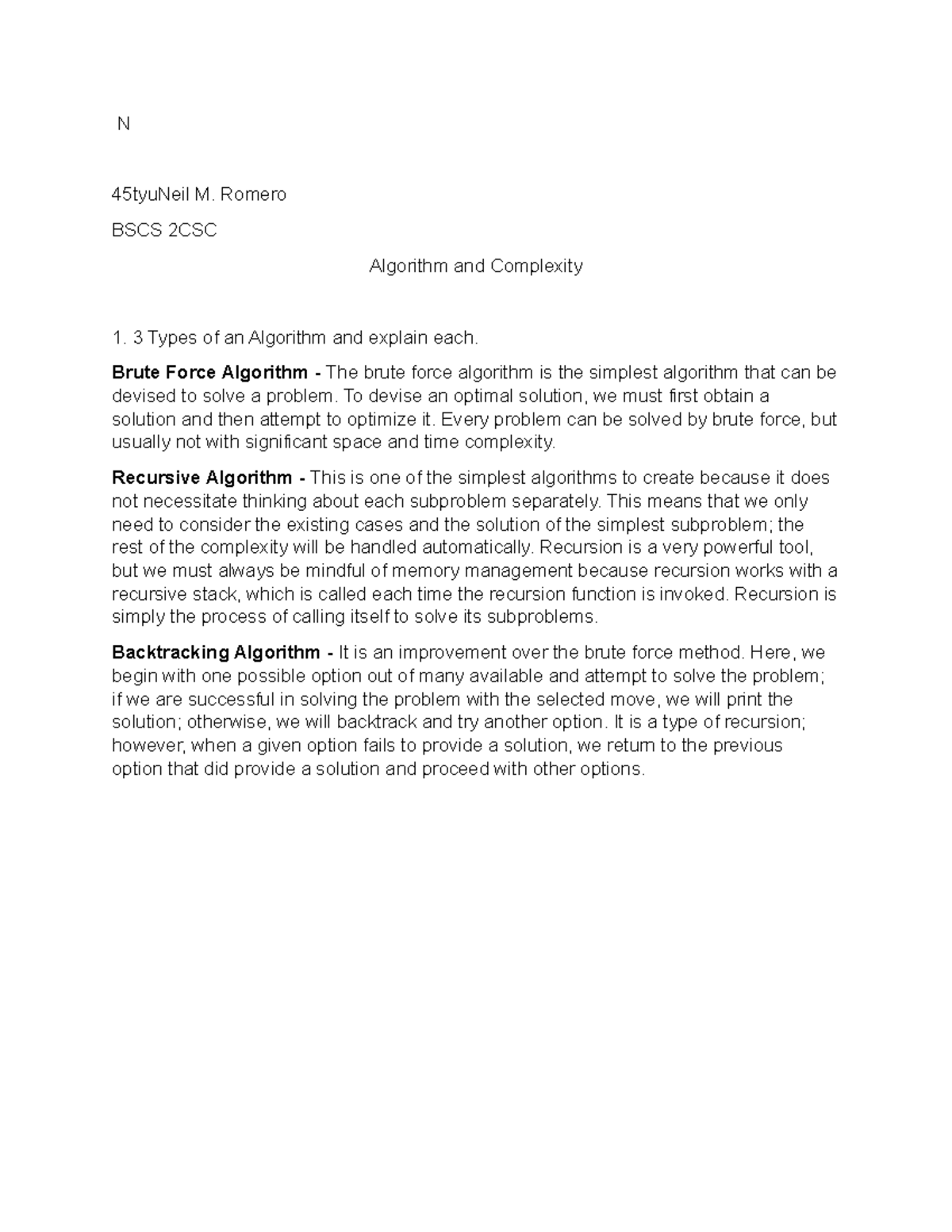 Algorithmcomplexity romero neil - N 45tyuNeil M. Romero BSCS 2CSC Algorithm and Complexity 3 ...