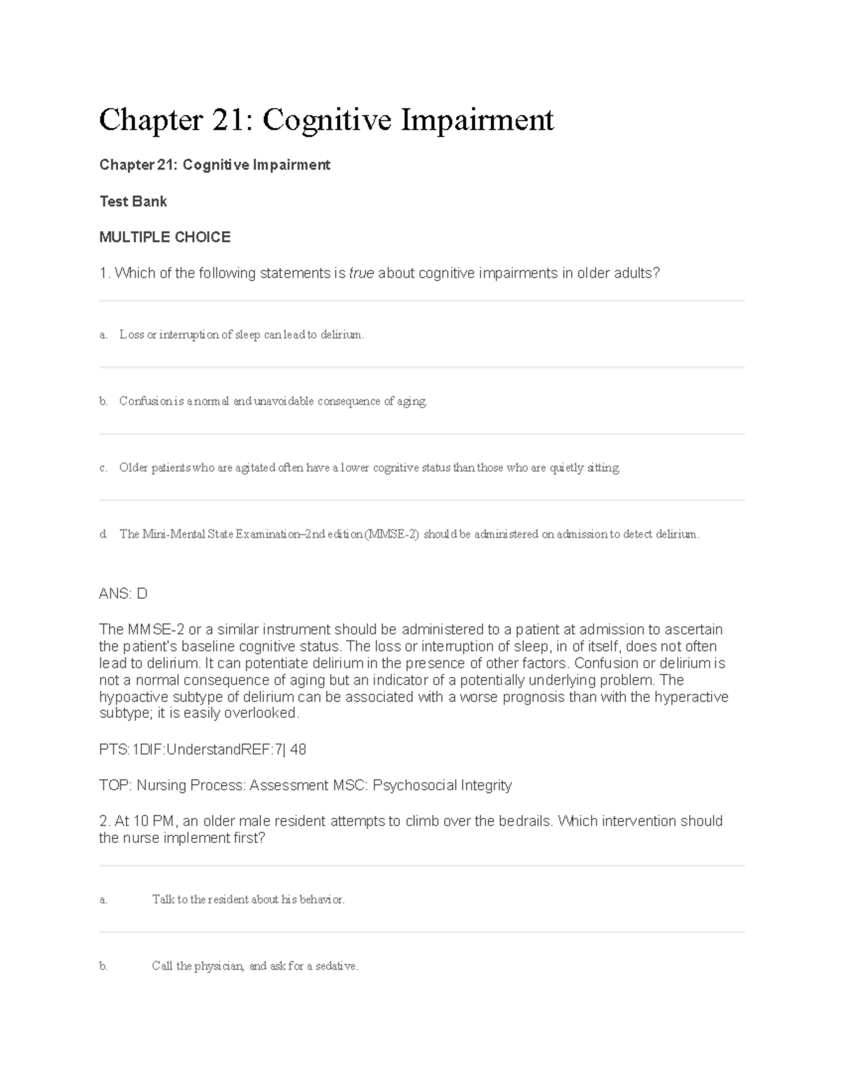 Chapter 21 - Adult Care - Chapter 21: Cognitive Impairment Chapter 21 ...