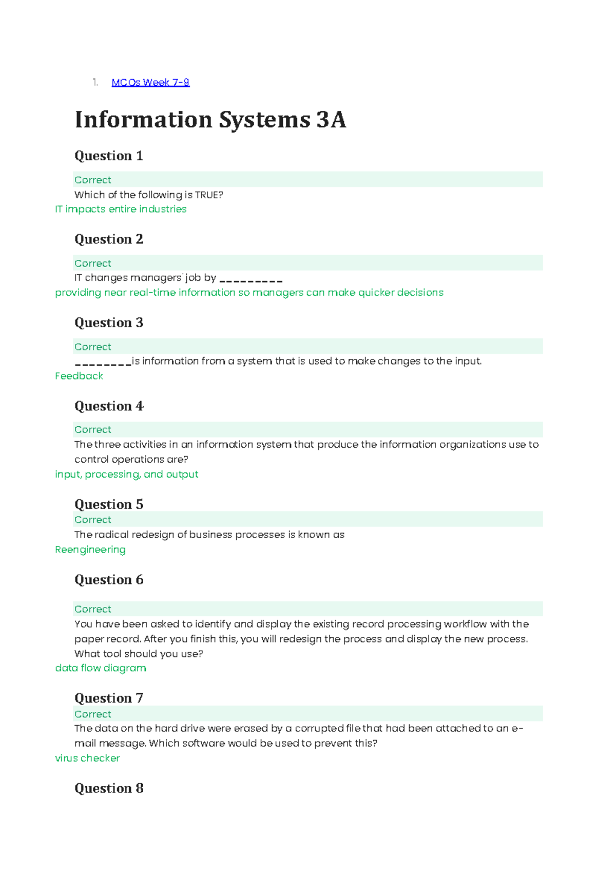MCQs Week 7 - Week 1 for semester 1 mcq's - 1. MCQs Week 7- 9 ...