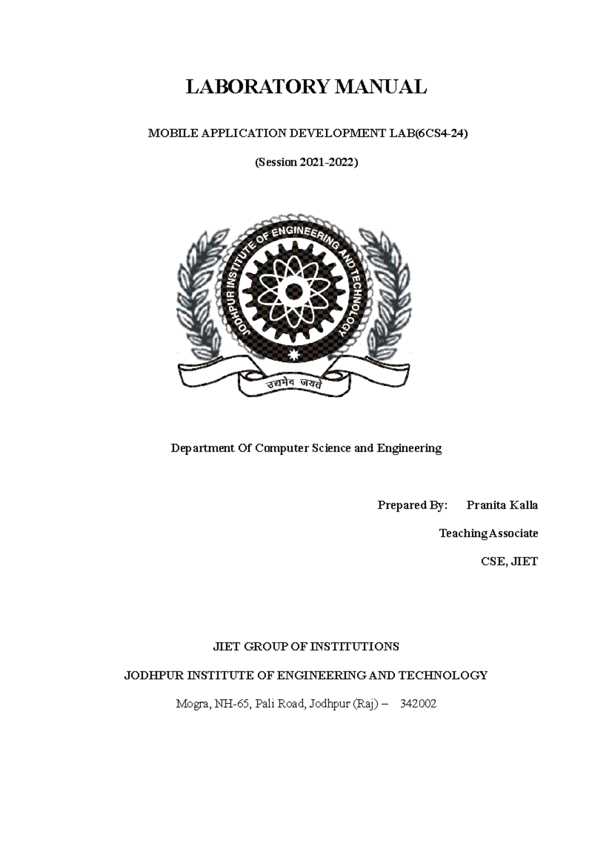 Mad Lab - android application - LABORATORY MANUAL MOBILE APPLICATION DEVELOPMENT LAB(6CS4-24 ...