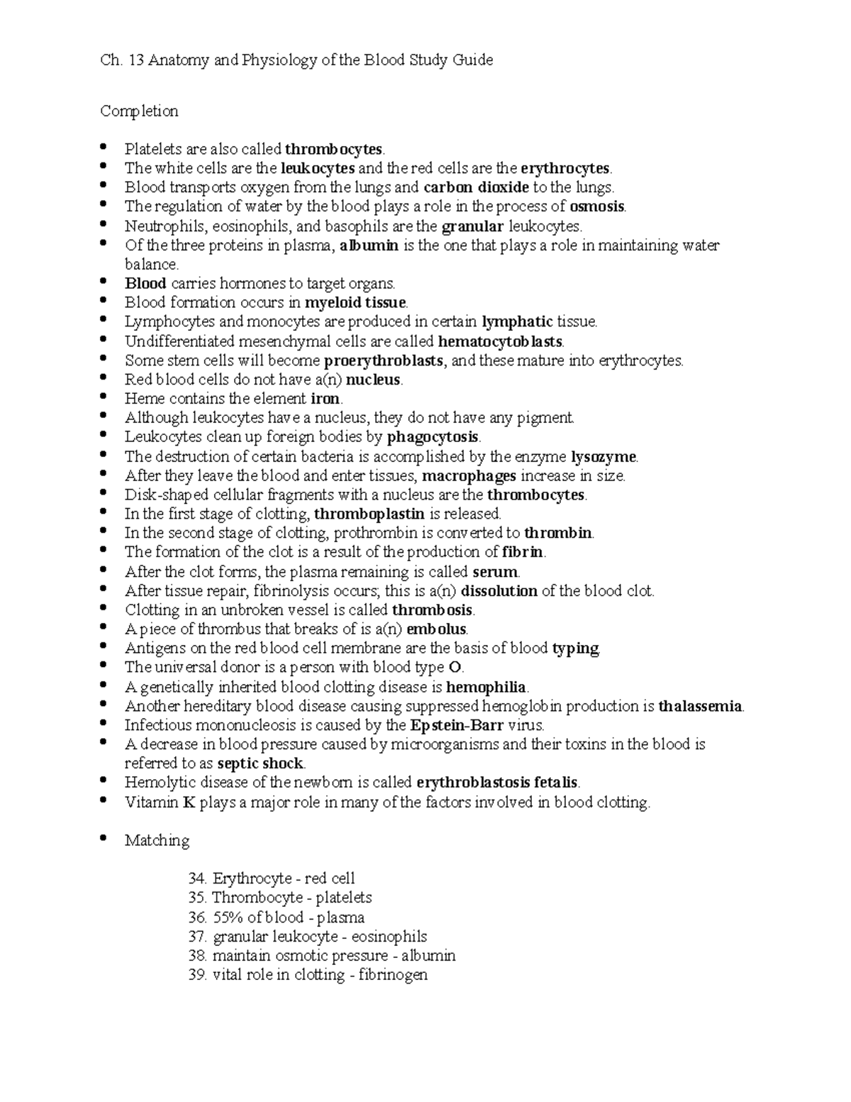 Ch. 13 Anatomy and Physiology of the Blood Study Guide - Completion ...