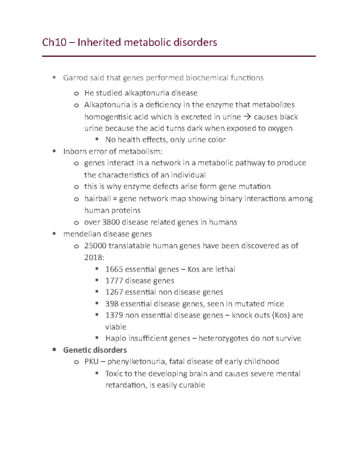 Inherited Metabolic disorders - GENE 320 - TAMU - Studocu