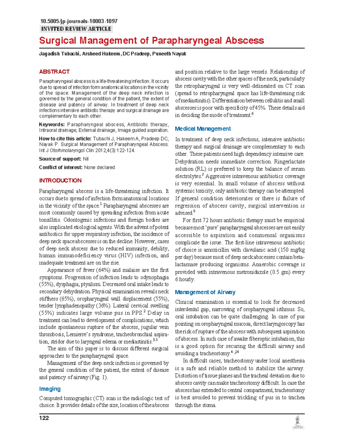 Parapharyngeal abscess - Jagadish Tubachi et al - Studocu