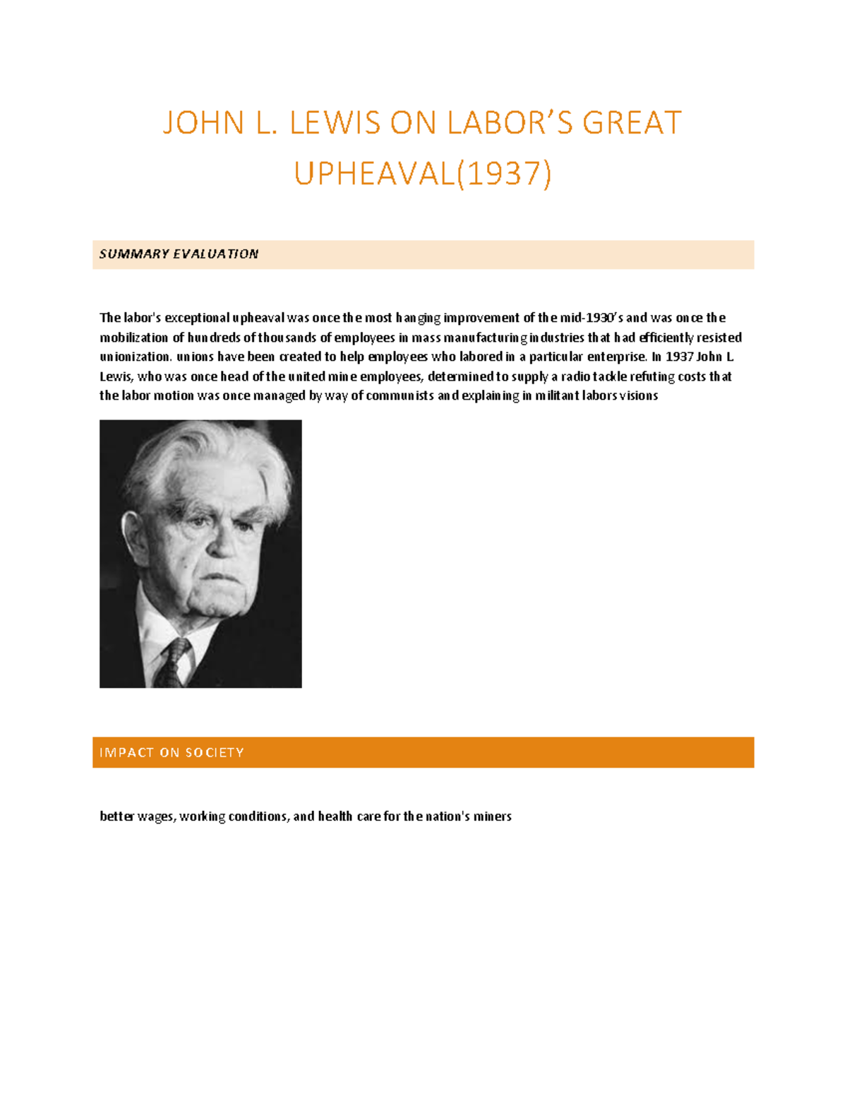 JOHN L. Lewis ON Labor’S Great Upheaval(1937) Summary Evaluation - JOHN ...