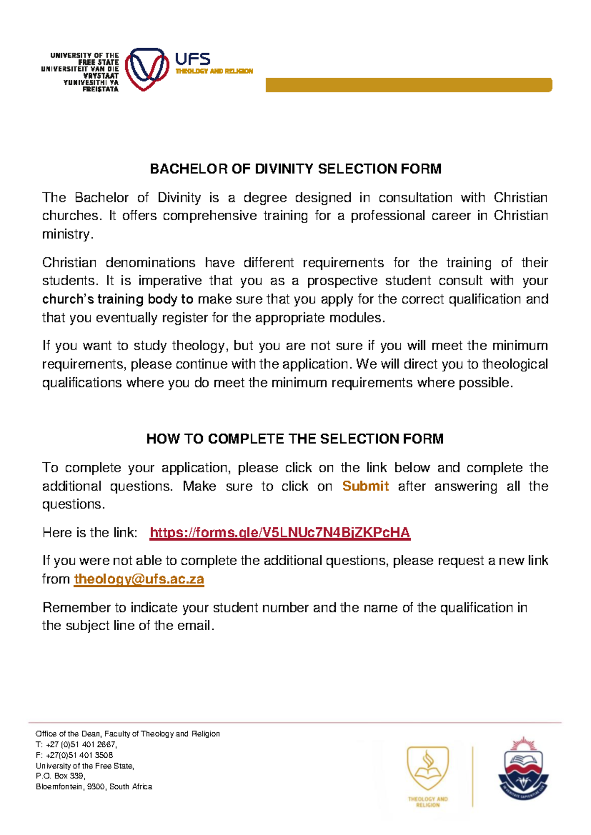 Bachelor of Divinity Selection Form 2024 - Office of the Dean, Faculty ...