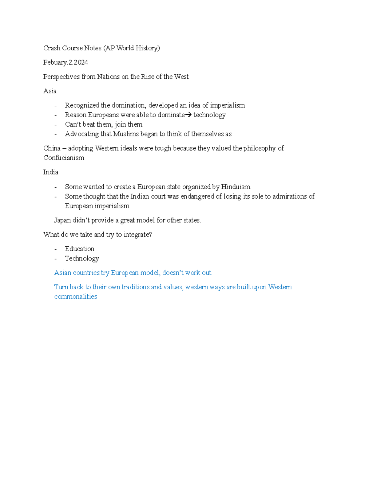 Crash Course Notes - Perspectives from Nations on the Rise of the West ...