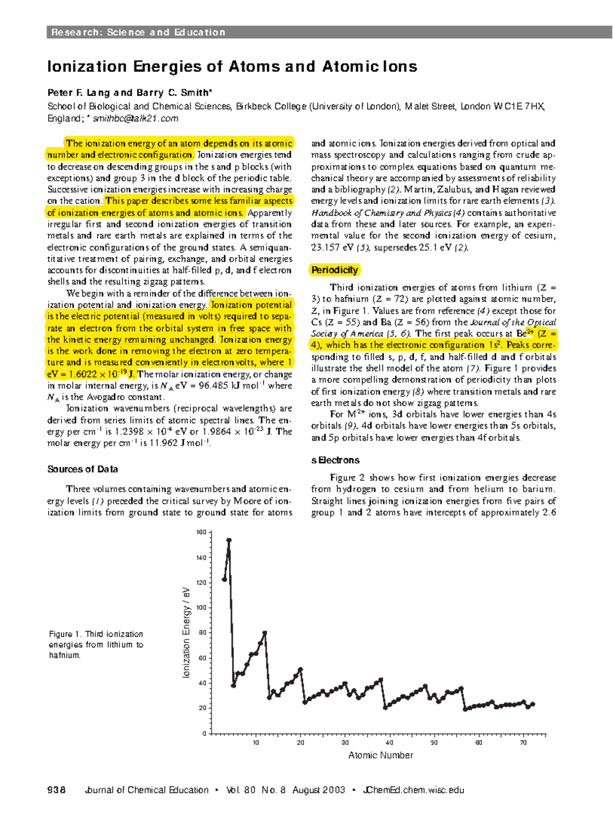 5- Ionization Energies of Atoms - 9 3 8 Jo urnal o f Chemical Educatio ...