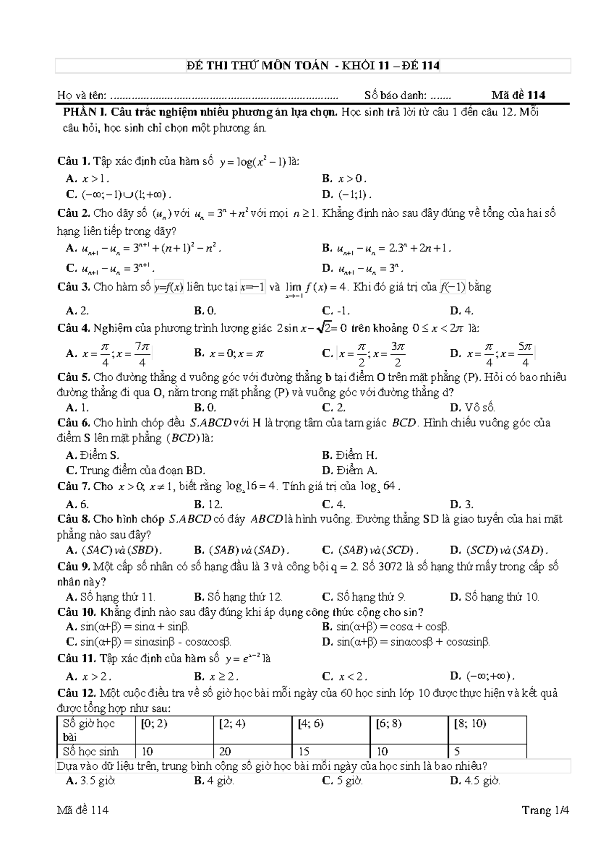 Ma de 114 - highschool paper - ĐỀ THI THỬ MÔN TOÁN - KHỐI 11 – ĐỀ 114 ...