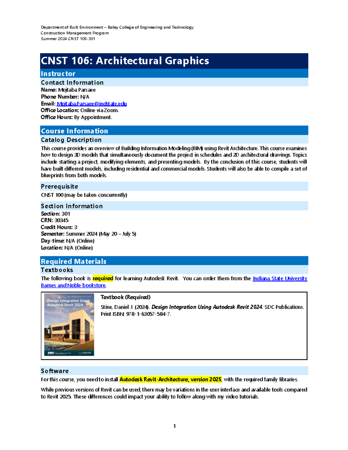 CNST 106 301 Syllabus Upload - Construction Management Program Summer ...