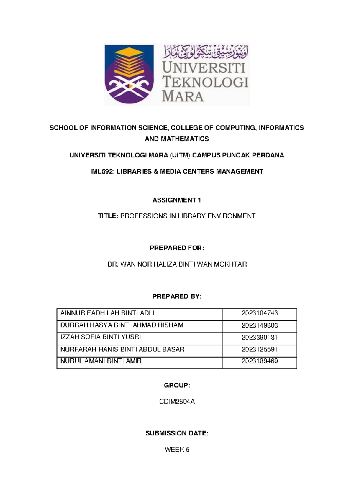 IML592 Group Assignment (1) - SCHOOL OF INFORMATION SCIENCE, COLLEGE OF COMPUTING, INFORMATICS ...
