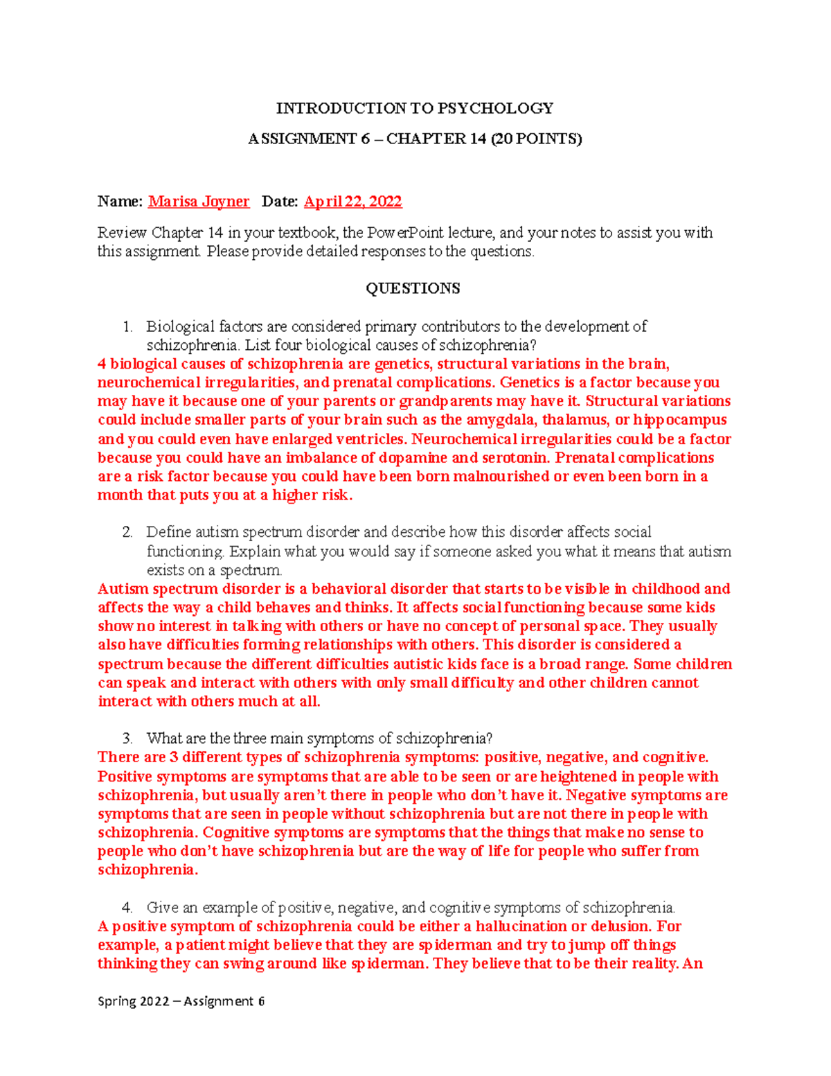 Assignment 6 - Chapter 14 Questions - INTRODUCTION TO PSYCHOLOGY ...