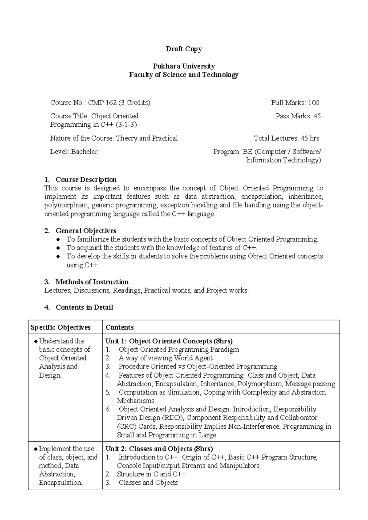 Syllabus ofObject Oriented Programming in C++ - Draft Copy Pokhara ...