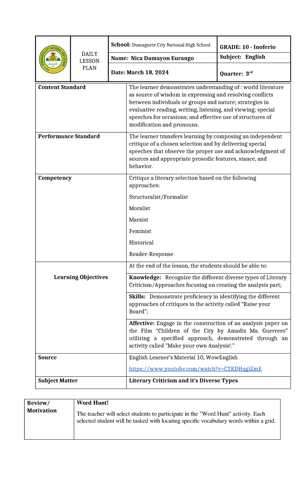 2nd Lesson PLAN IN English 10 - Literary Criticism - DAILY LESSON PLAN ...